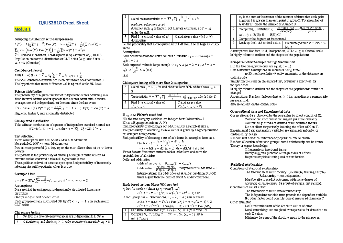 Cheat Sheet - Concise summaries on all topics - QBUS2810 - USyd - Studocu