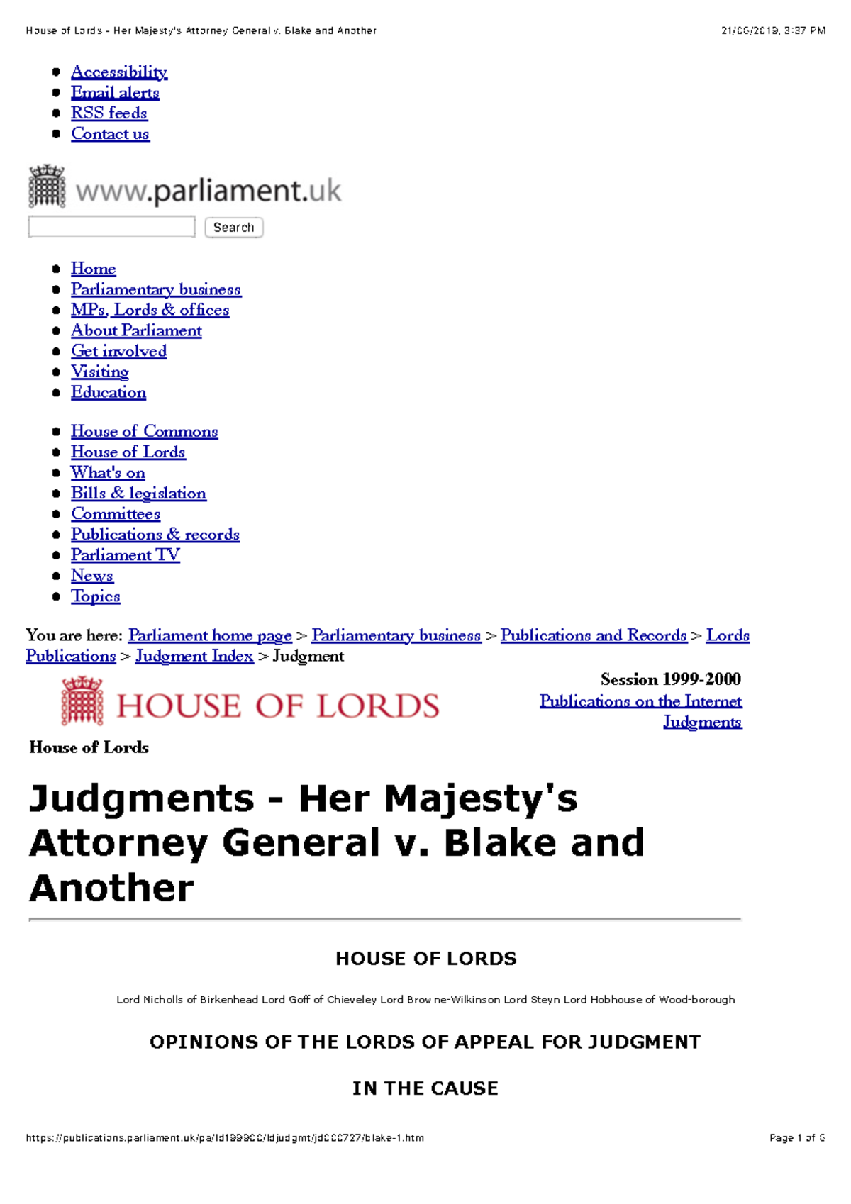 House of Lords - Her Majesty's Attorney General v. Blake and Another ...
