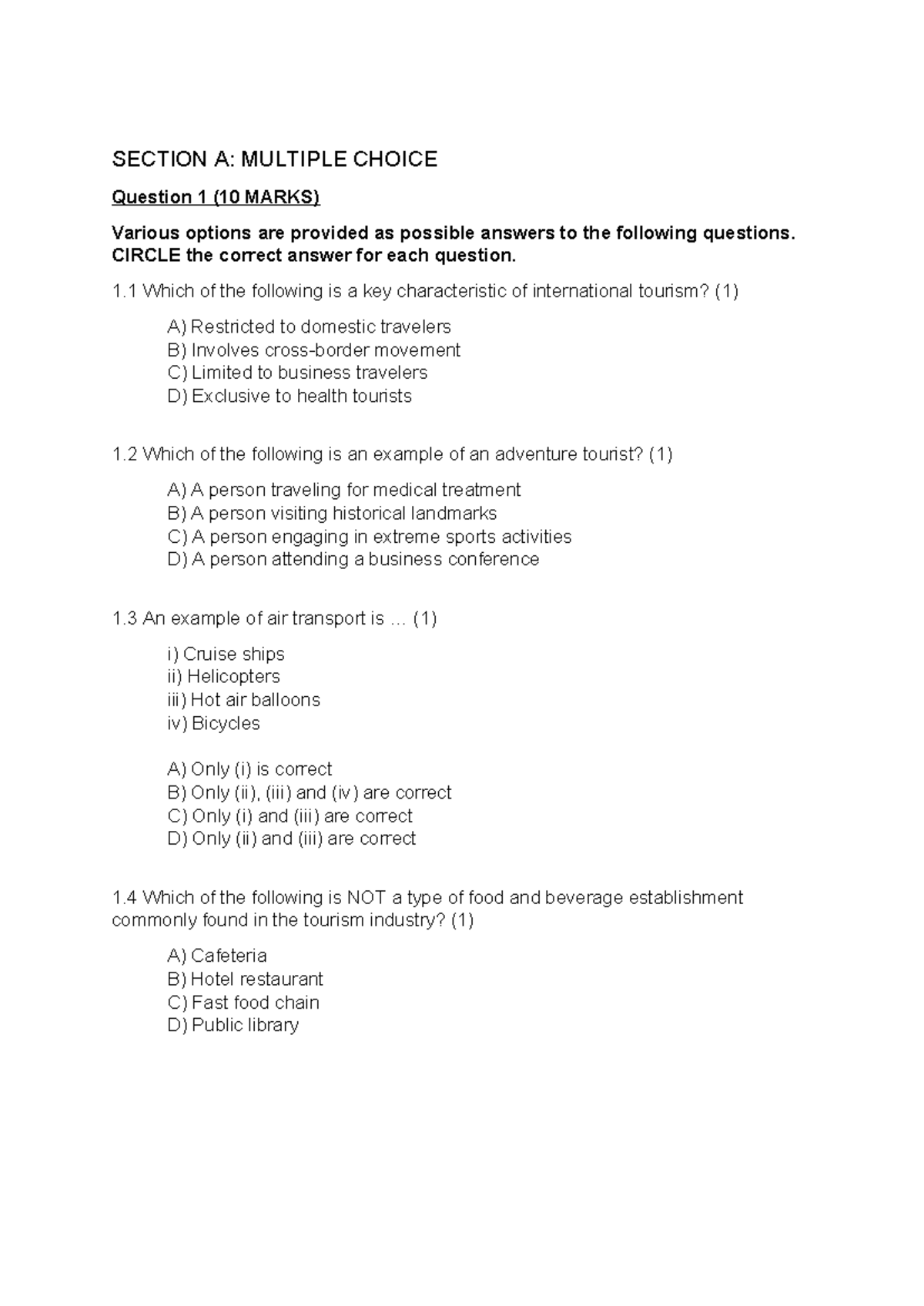Tourism grade 10 - SECTION A: MULTIPLE CHOICE Question 1 (10 MARKS ...