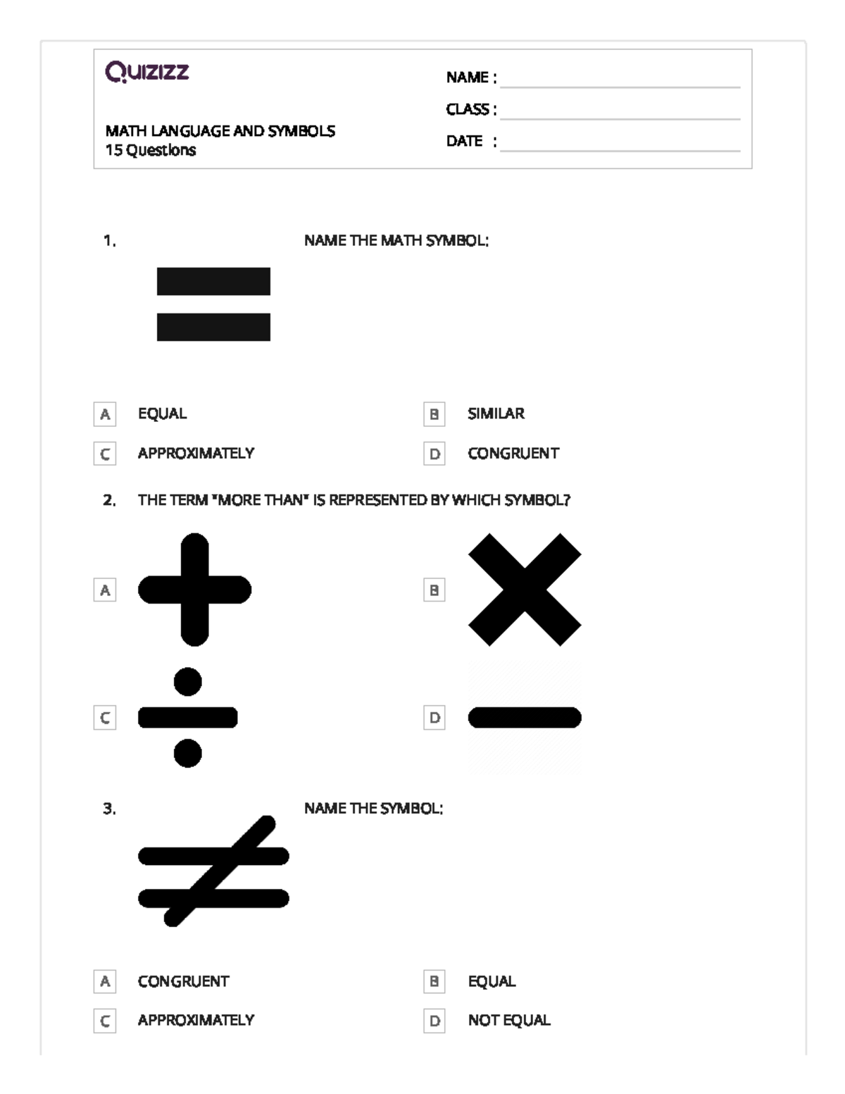 MATH Language AND Symbols - MATH LANGUAGE AND SYMBOLS 15 Questions NAME ...