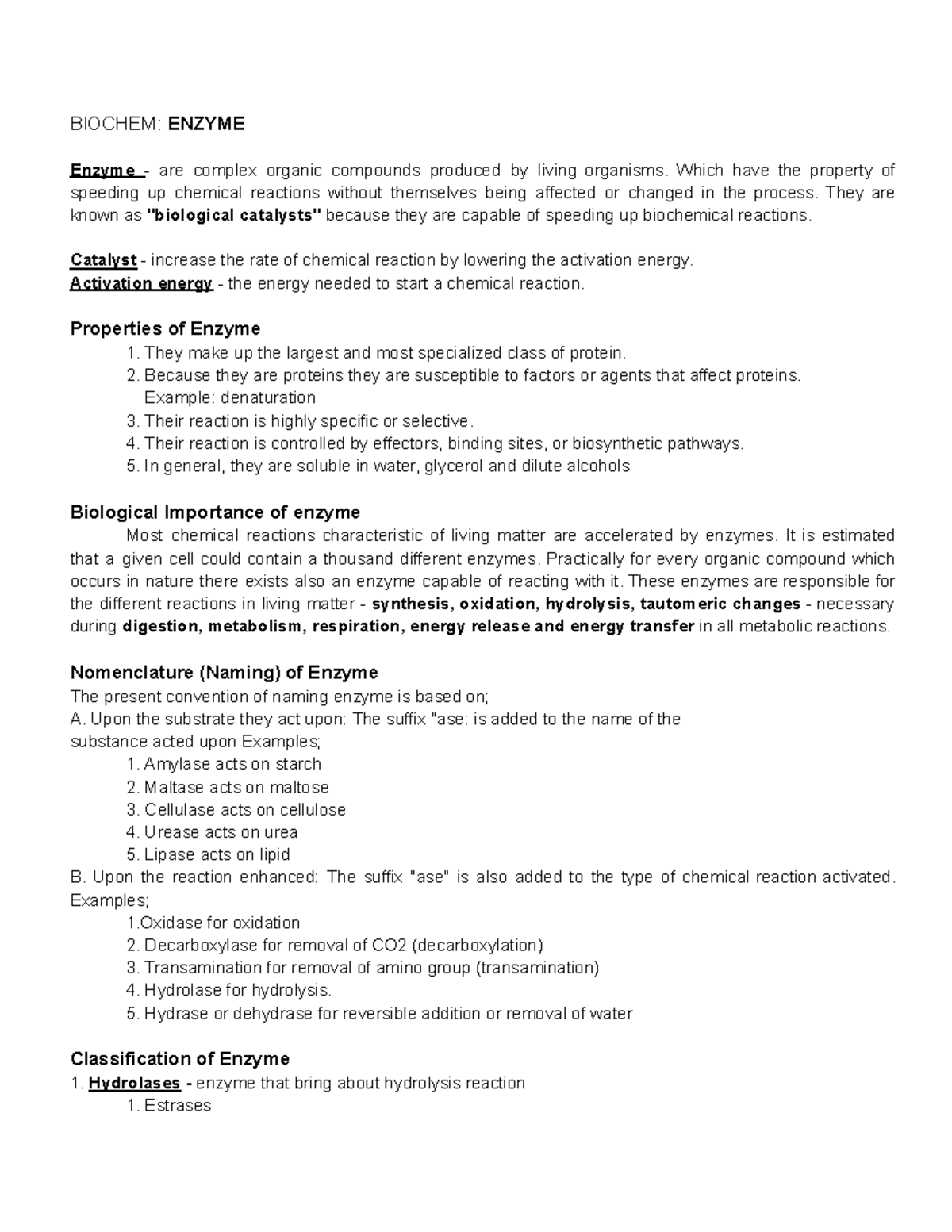 Enzyme - biochem notes - BIOCHEM: ENZYME Enzyme - are complex organic ...