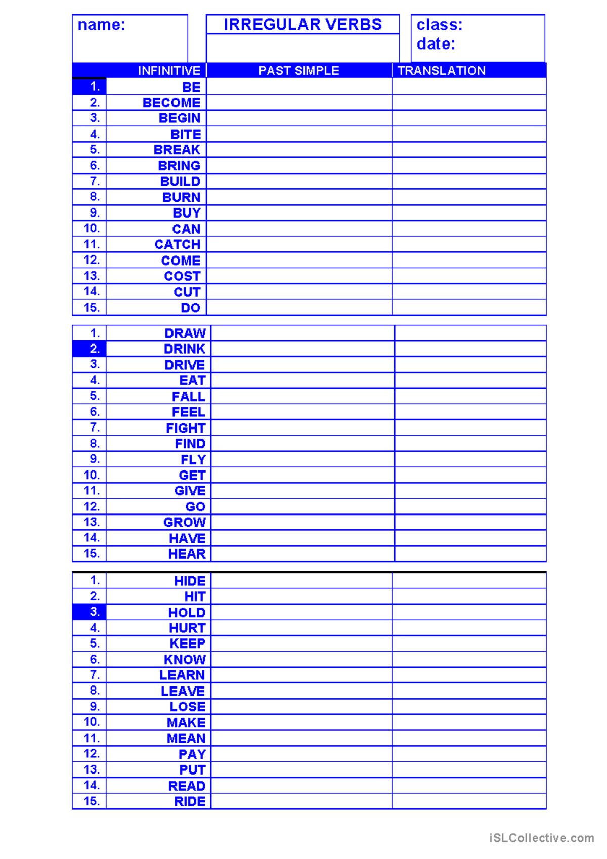 Irregular Verbs + Translation - name: IRREGULAR VERBS class: date ...