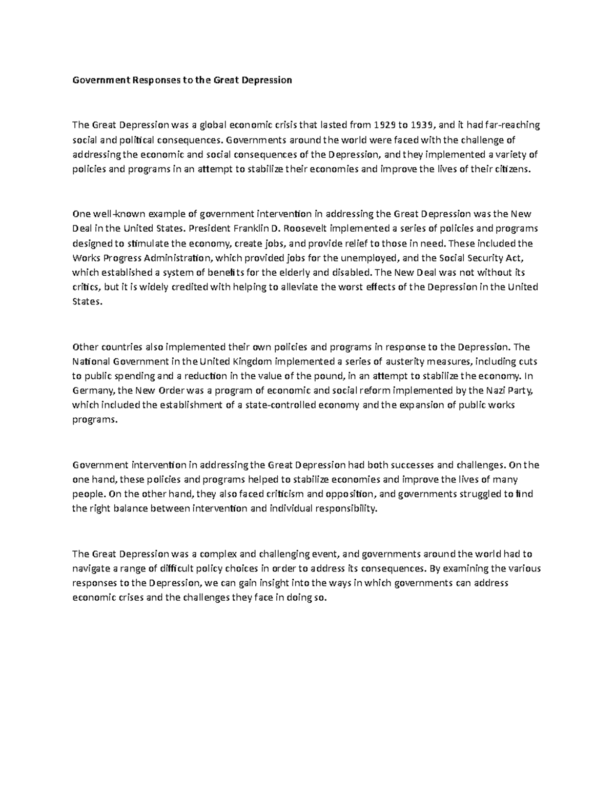 Government Responses to the Great Depression - Governments around the ...