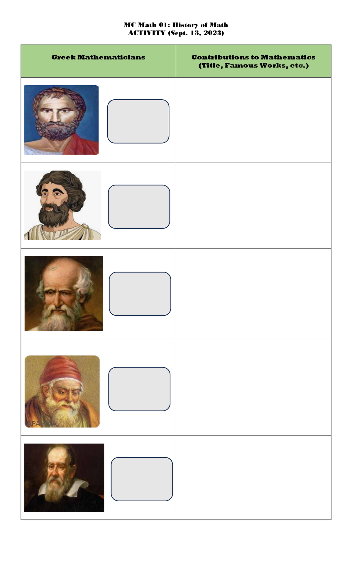 Activity - Math - MC Math 01: History of Math ACTIVITY (Sept. 13, 2023 ...