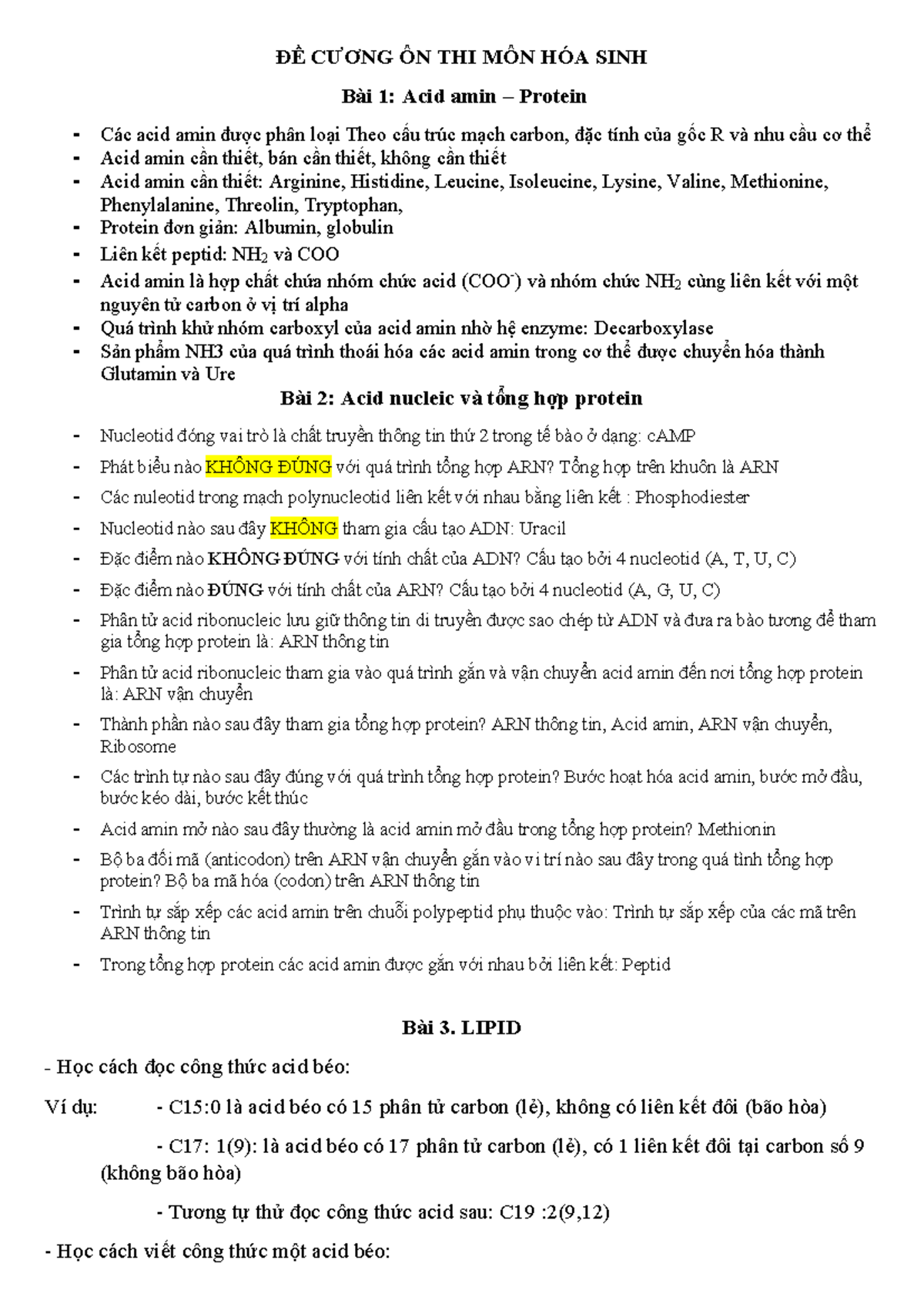 ĐỀ CƯƠNG ÔN THI MÔN HÓA SINH - ĐỀ CƯƠNG ÔN THI MÔN HÓA SINH Bài 1: Acid ...