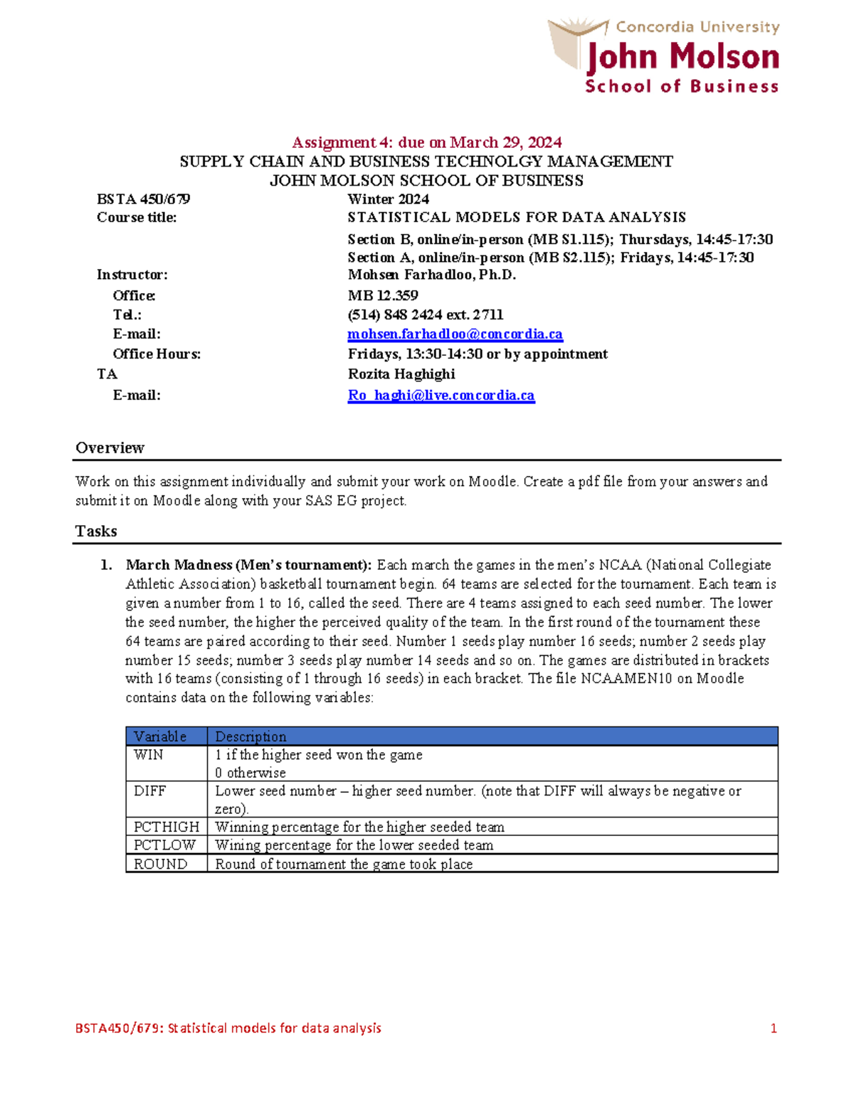 BSTA450 assign Set 4 - BSTA450/679: Statistical models for data analysis 1 Assignment 4: due on ...