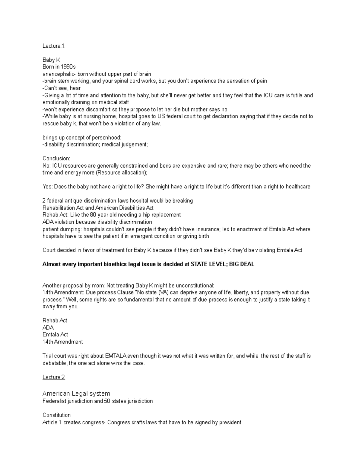 Bioethics and Law Lectures 1-8 Notes - Lecture 1 Baby K Born in 1990s ...