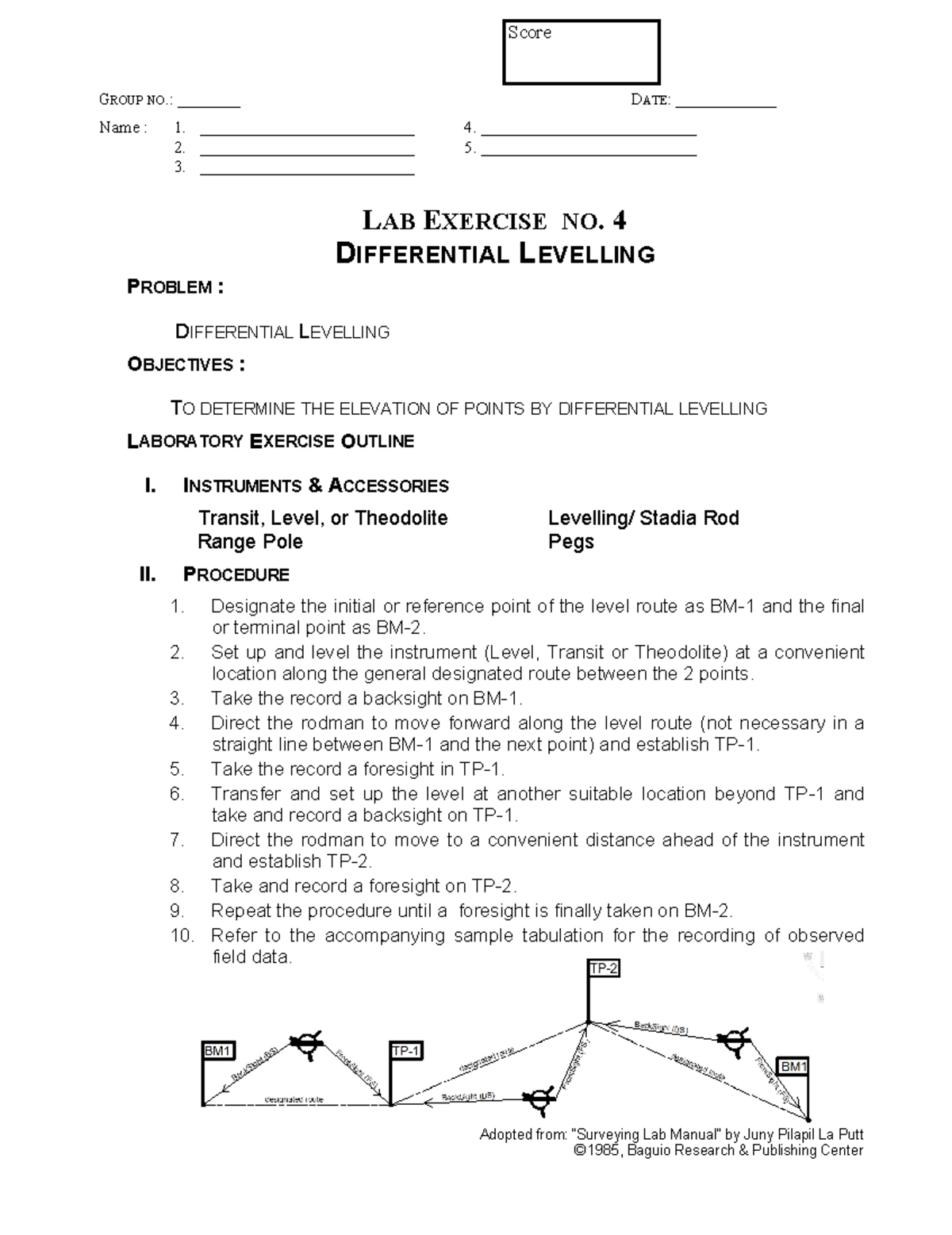 Survey Lab 04 Diff Level - Adopted from: “Surveying Lab Manual” by Juny ...
