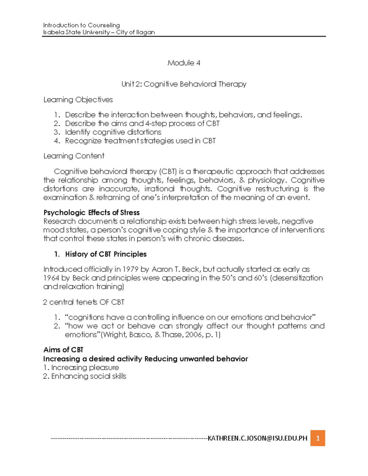 Module 4-Unit 2 Cognitive Behavioral Therapy - Isabela State University ...