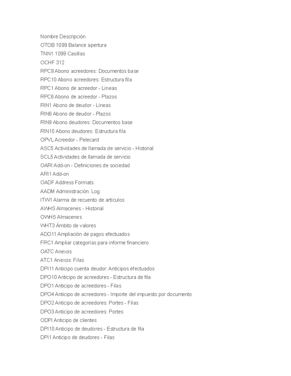 Tablas SAP B1 - Nombre Descripción OTOB 1099 Balance apertura TNN1 1099 Casillas OCHF 312 RPC9 ...