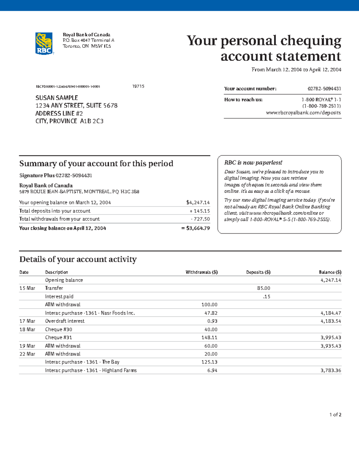 E Statement - bank stetement - ? Royal Bank of Canada P. Box 4047 ...