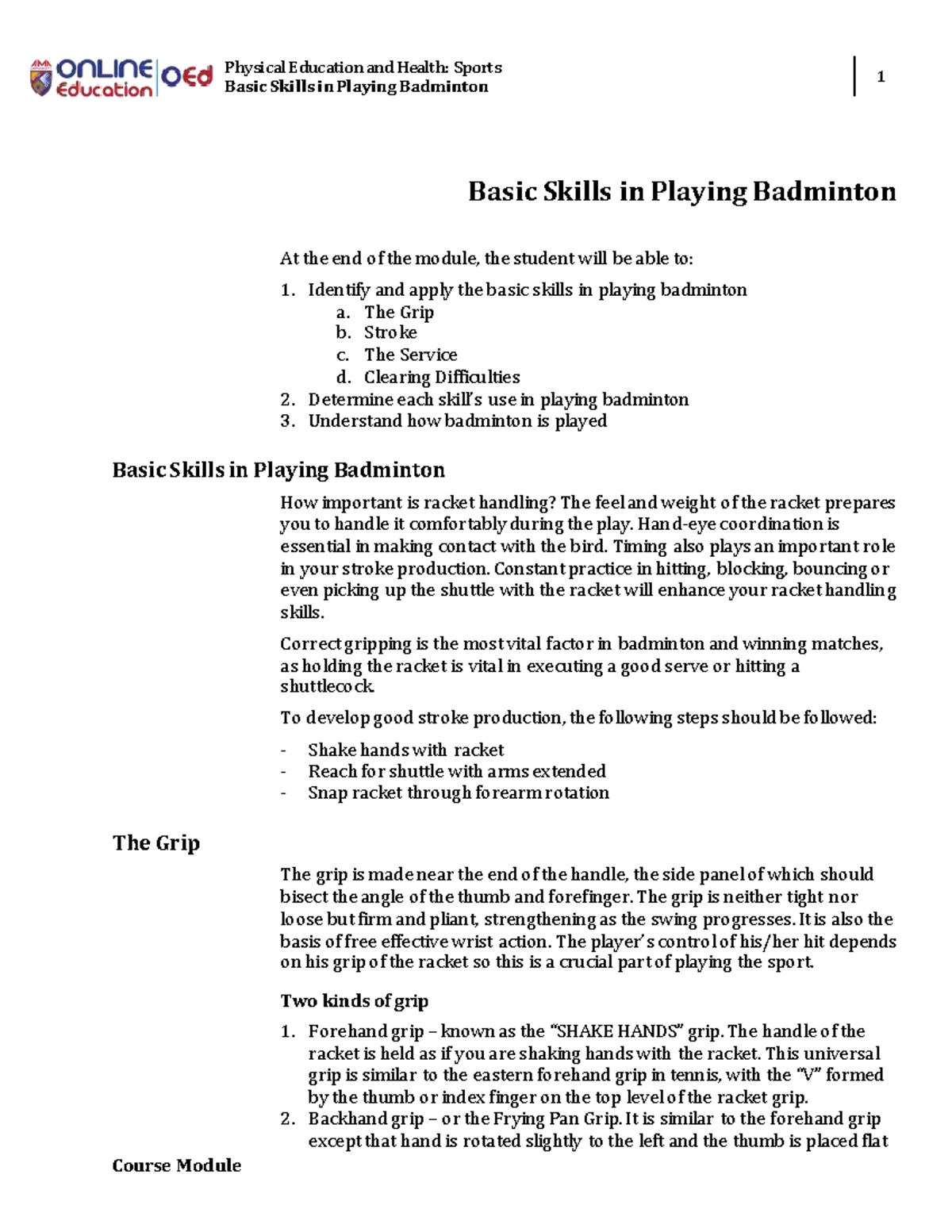 W2-Module Basic Skills in Playing Badminton - Physical Education and ...