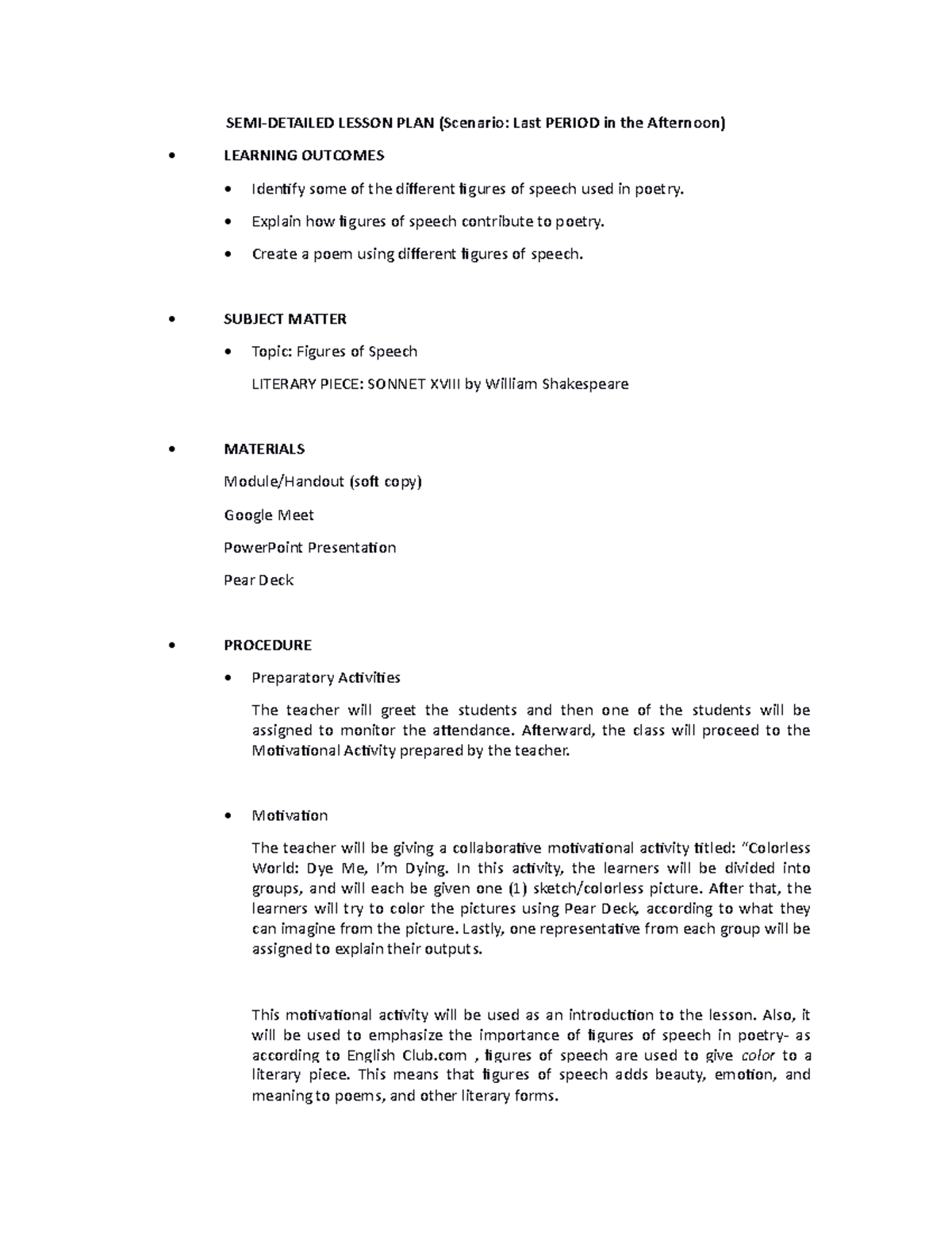 106 sample of lesson plan. A semi-detailed - SEMI-DETAILED LESSON PLAN ...