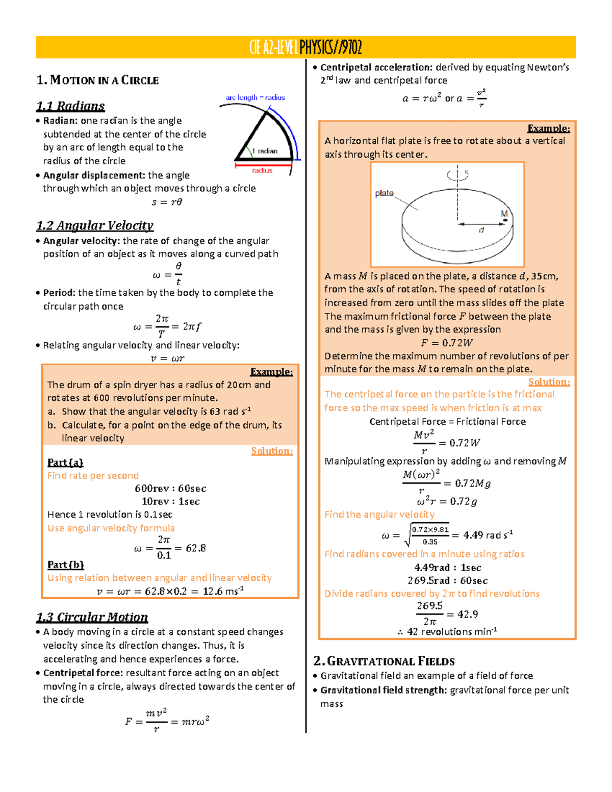 A2 Physics notes - Wow - 1. MOTION IN A CIRCLE 1 .1 Radians Radian: one ...