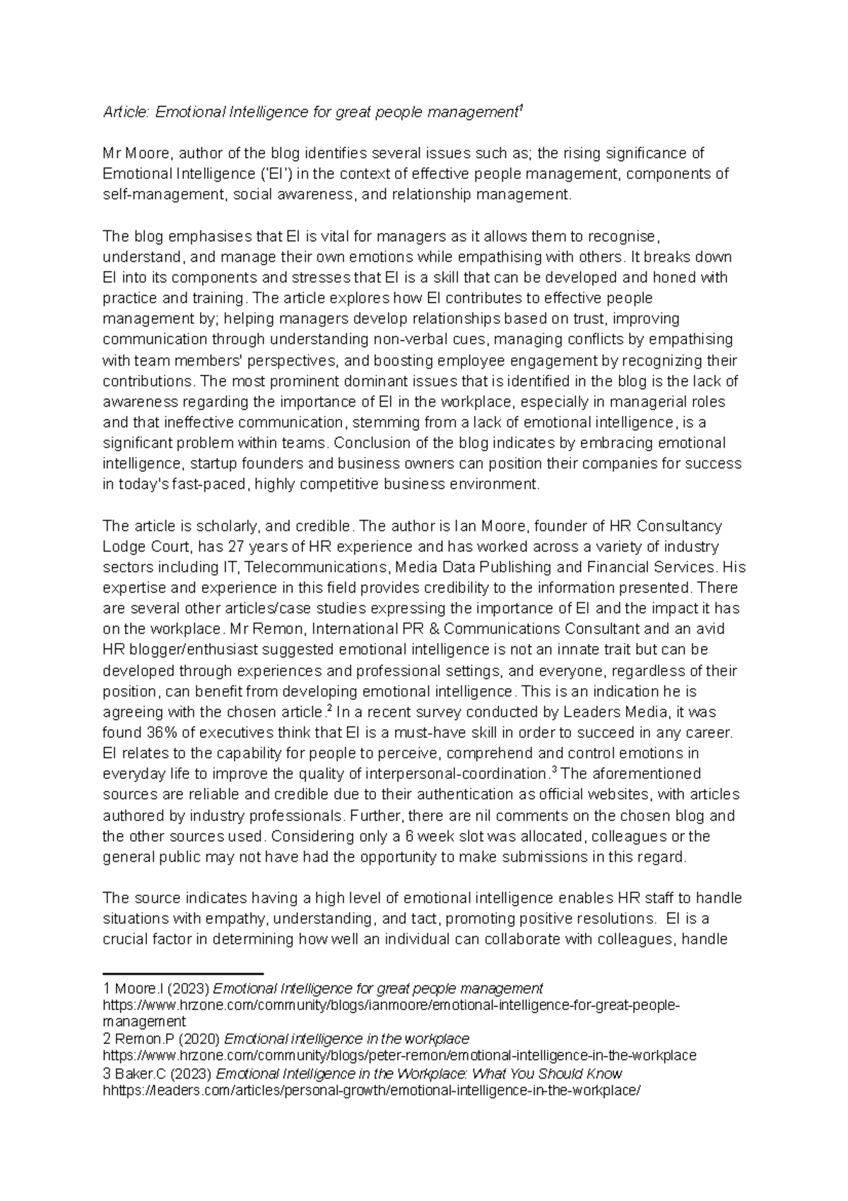 BX3054 Emotional Intelligence Essay 1 - Article: Emotional Intelligence ...
