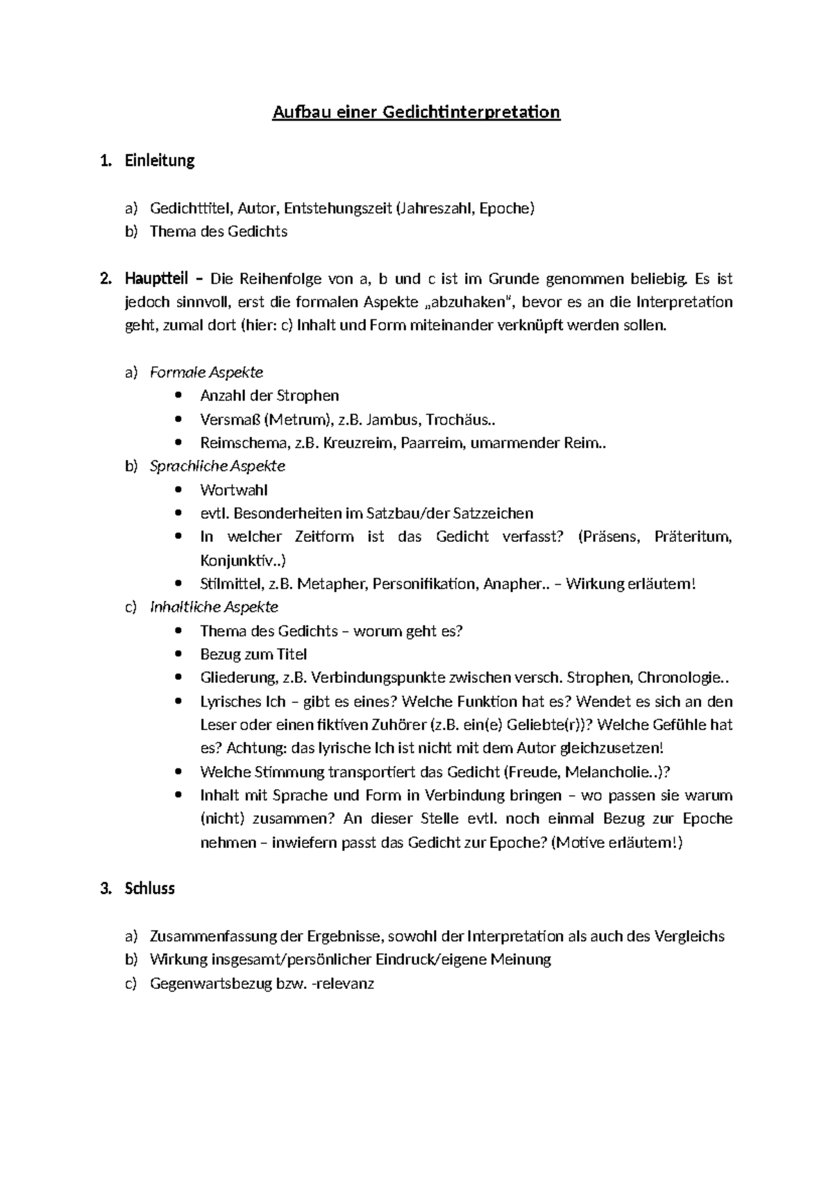 Aufbau einer Gedichtinterpretation - Einleitung a) Gedichttitel, Autor ...