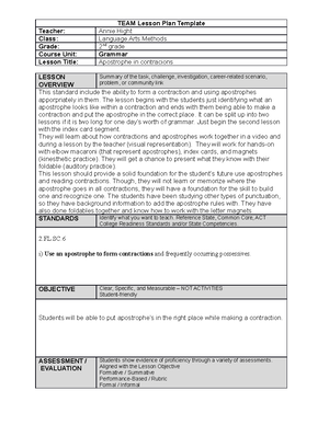 Lesson Plan 3 for LA - TEAM Lesson Plan Template Teacher: Annie Hight ...