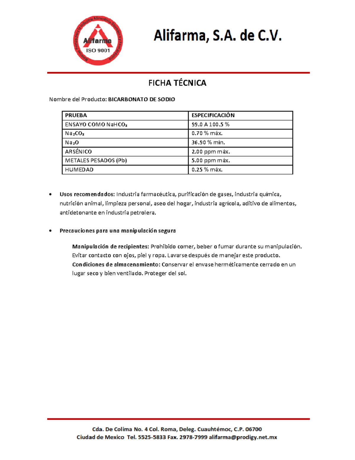 Ficha Técnica Alifarma Bicarbonato DE Sodio - FICHA TÉCNICA Nombre del ...