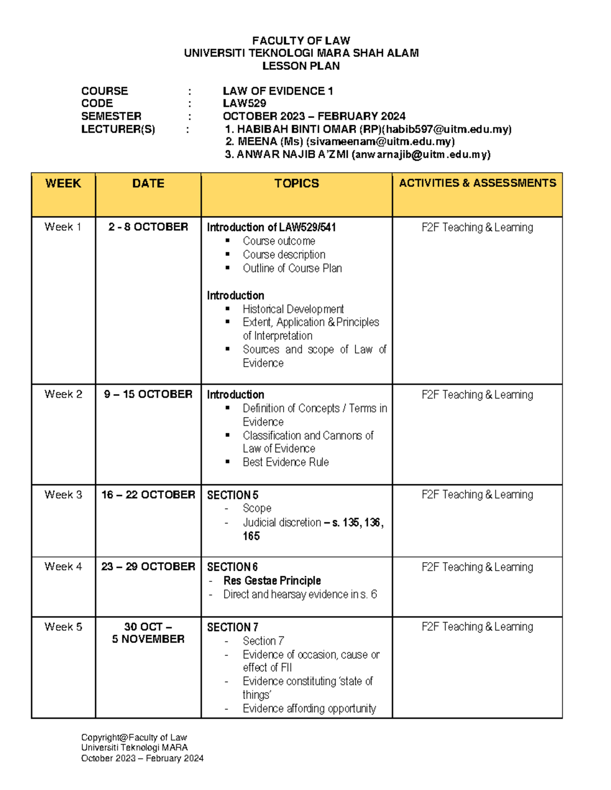 LAW529- Lesson PLAN (OCT 2023 - FEB 2024) - Copyright@Faculty of Law ...