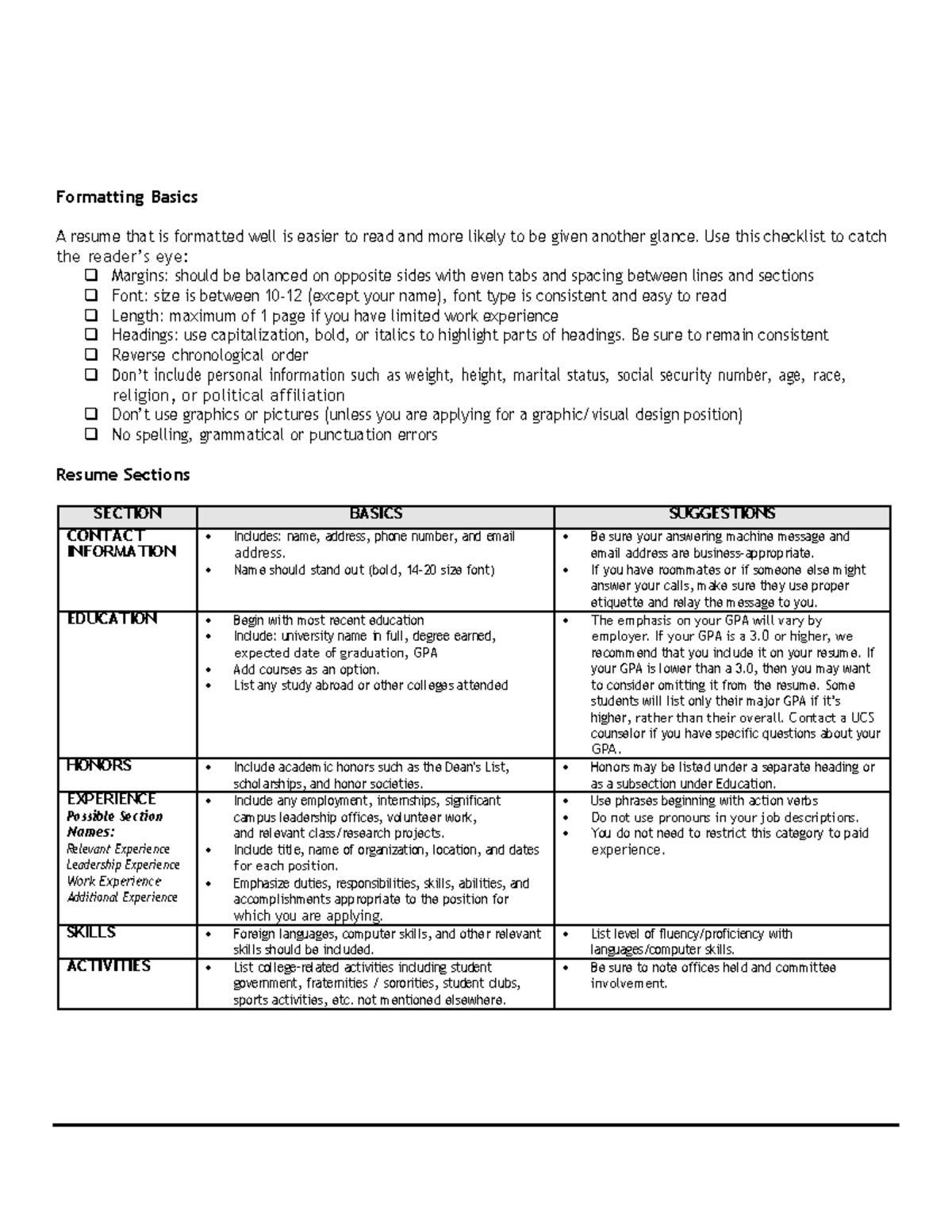 Resume Handout - Practice material - Formatting Basics A resume that is ...