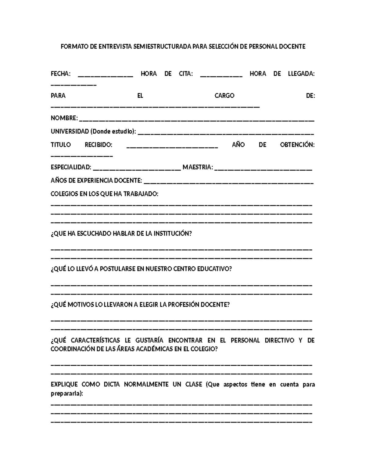 Formato DE Entrevista Semiestructurada PARA Selección DE Personal Docente - FORMATO DE ...
