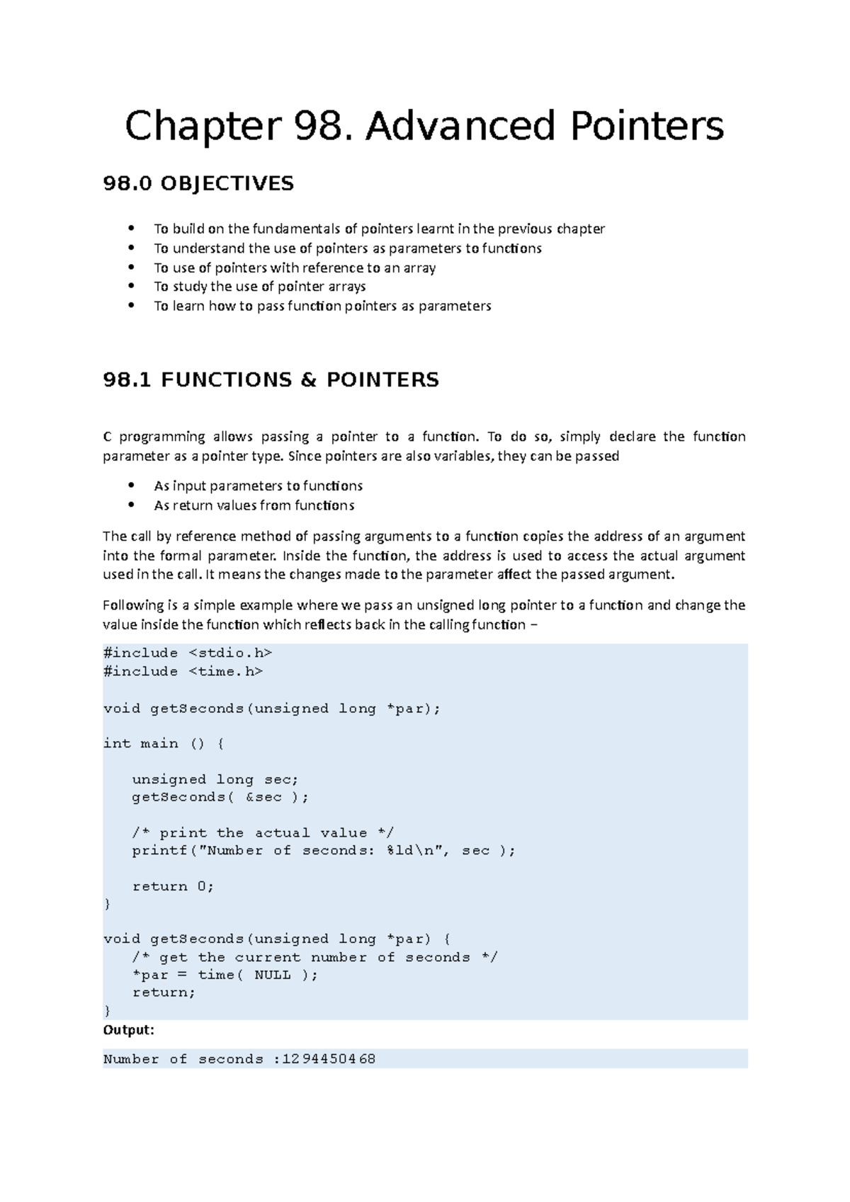 Chapter 98 Advanced Pointers - Chapter 98. Advanced Pointers 98 OBJECTIVES To build on the - Studocu