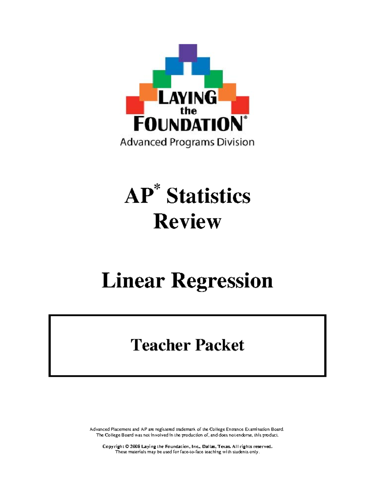 Review 2t - linear regression - Advanced Placement and AP are ...