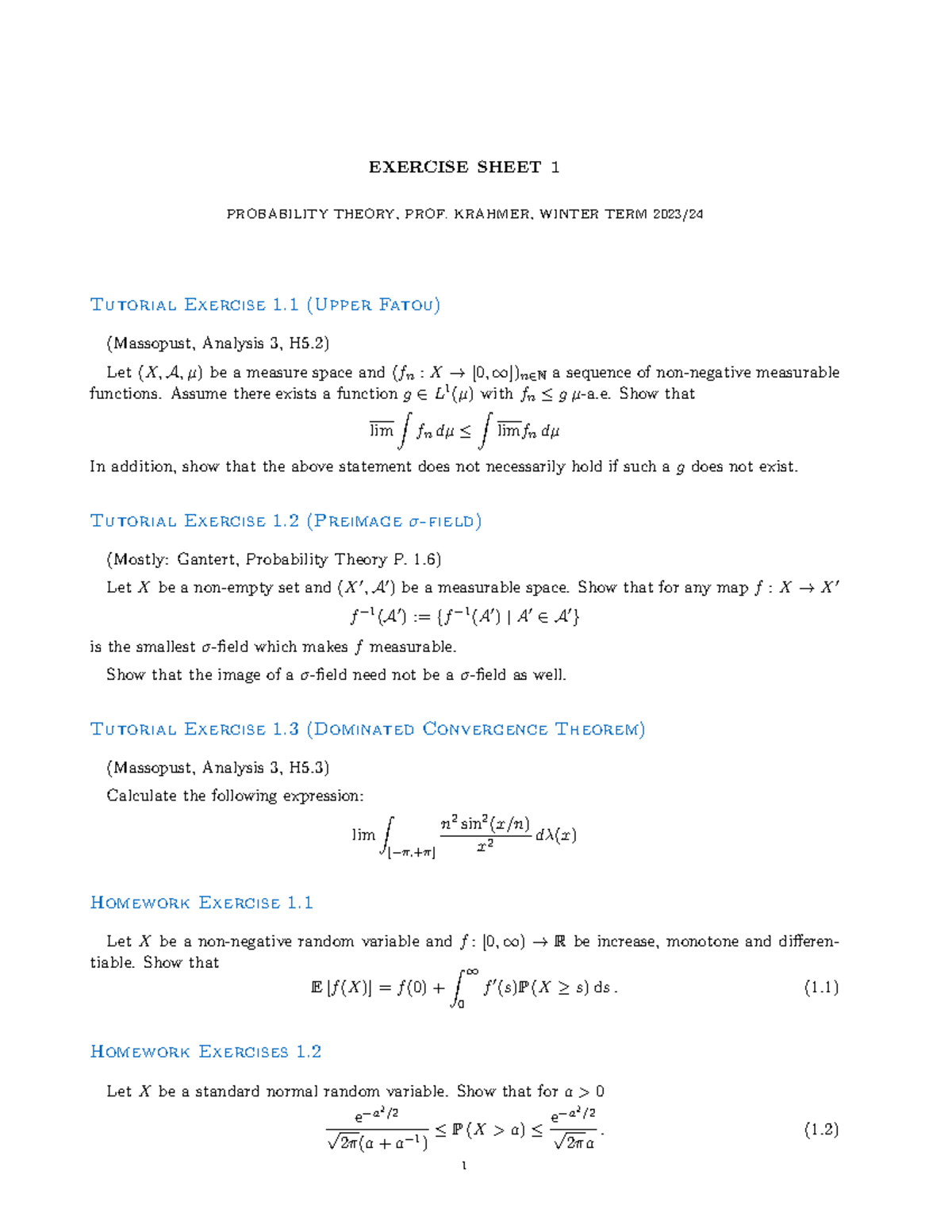 Sheet 1 - EXERCISE SHEET 1 PROBABILITY THEORY, PROF. KRAHMER, WINTER ...