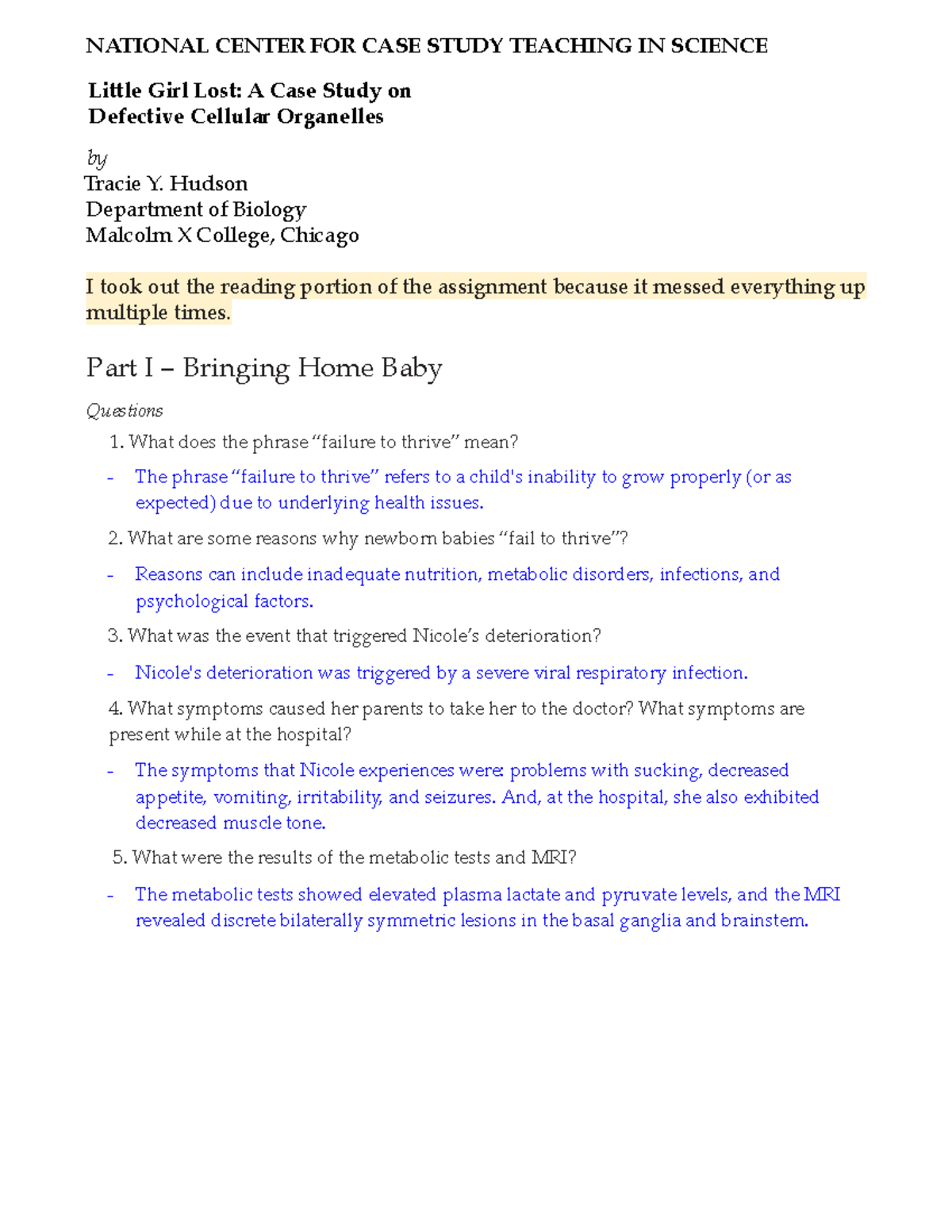 Little Girl Lost Case Study - AP Biology - NATIONAL CENTER FOR CASE ...