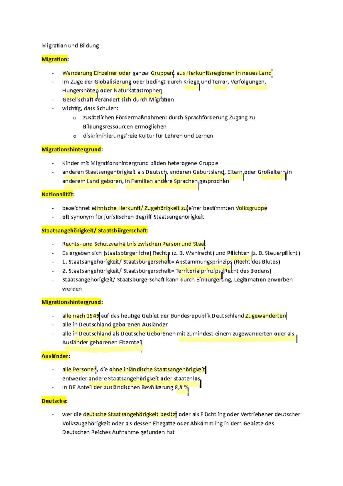 Zusammenfassung für Klausur - Migration und Bildung Migration ...