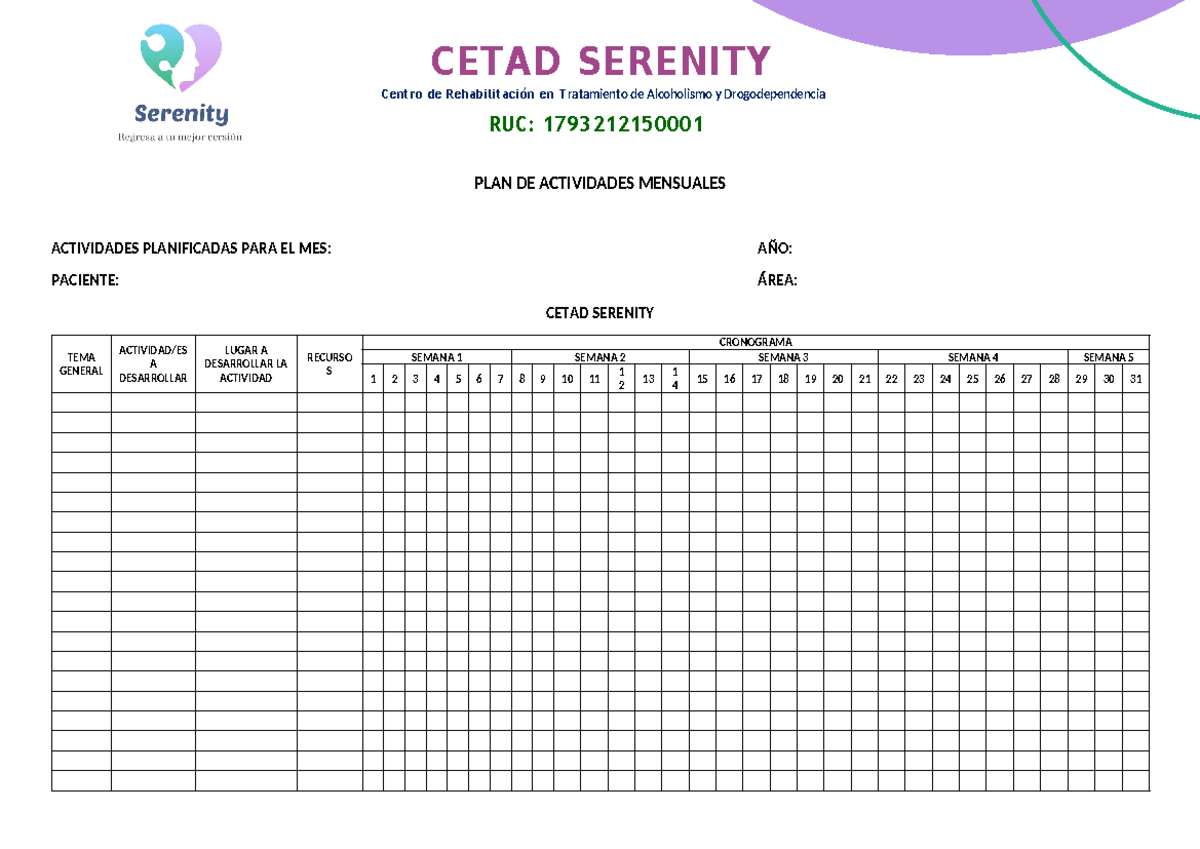 PLAN DE Actividades Mensuales - CETAD SERENITY S.A Ce nt ro d e Re h ab ...