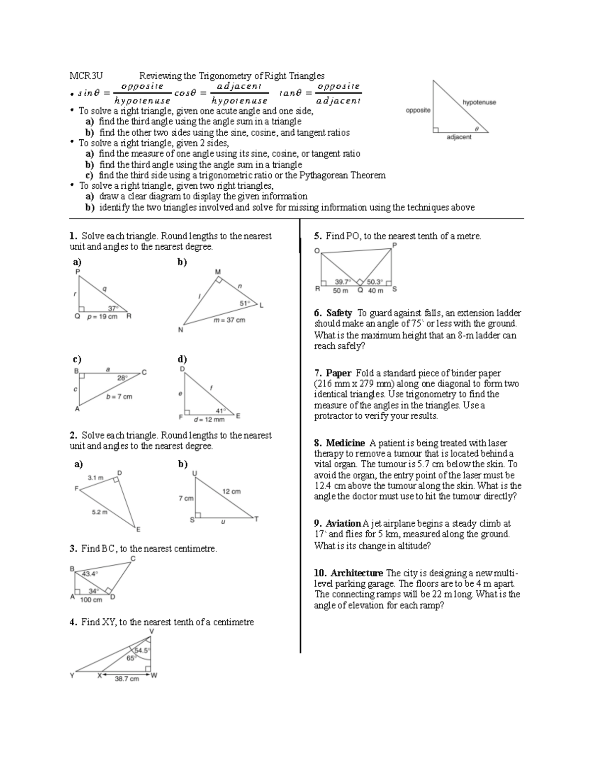 P1 - Exercises - Right Triangle Trigonometry - MCR3U Reviewing the ...