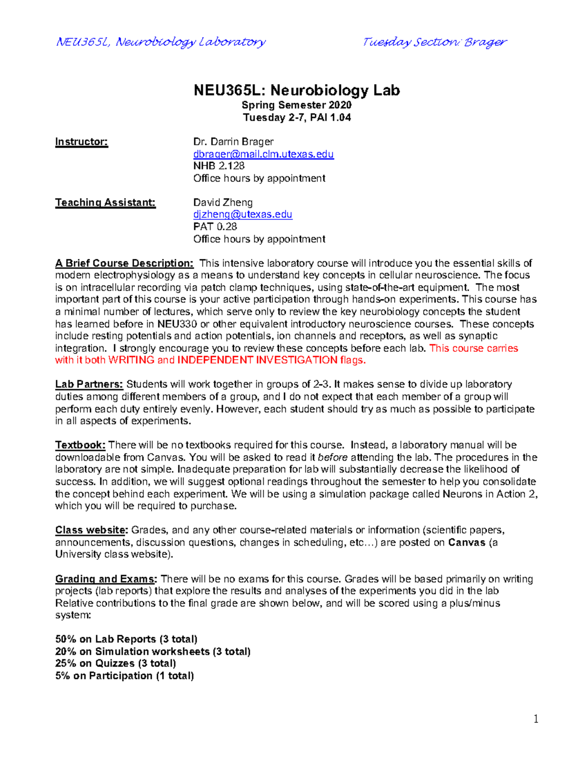 NEU 365L sylabus - NEU365L, Neurobiology Laboratory Tuesday Section ...
