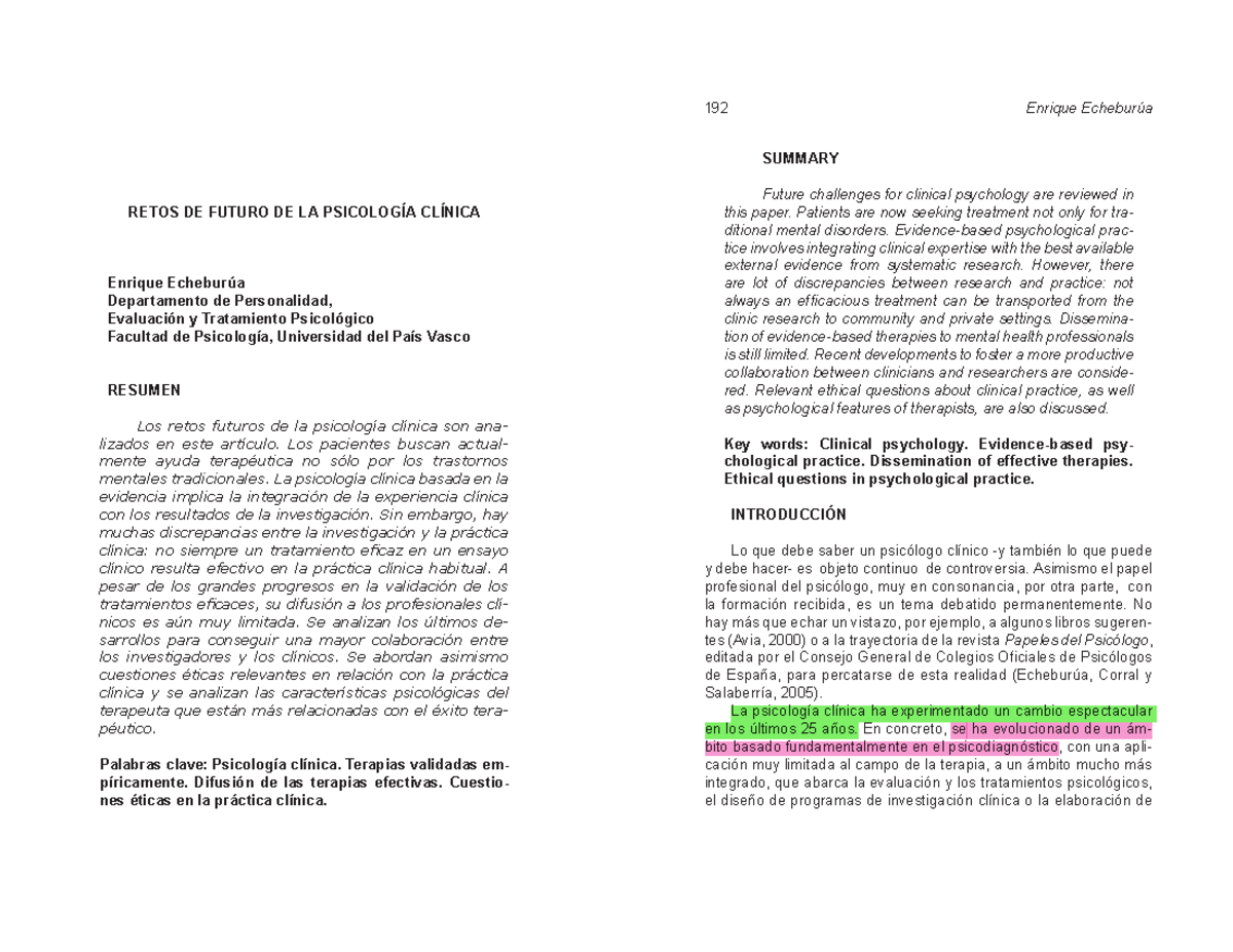 Uwu - RETOS DE FUTURO DE LA PSICOLOGÍA CLÍNICA - Psicologia clinica - RETOS DE FUTURO DE LA ...