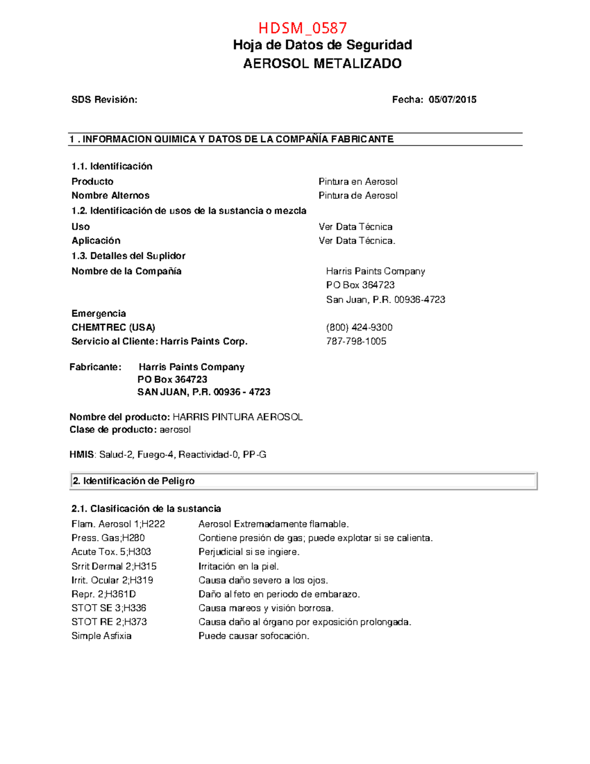 HDSM 0587 Pintura EN Aerosol - Hoja de Datos de Seguridad AEROSOL ...
