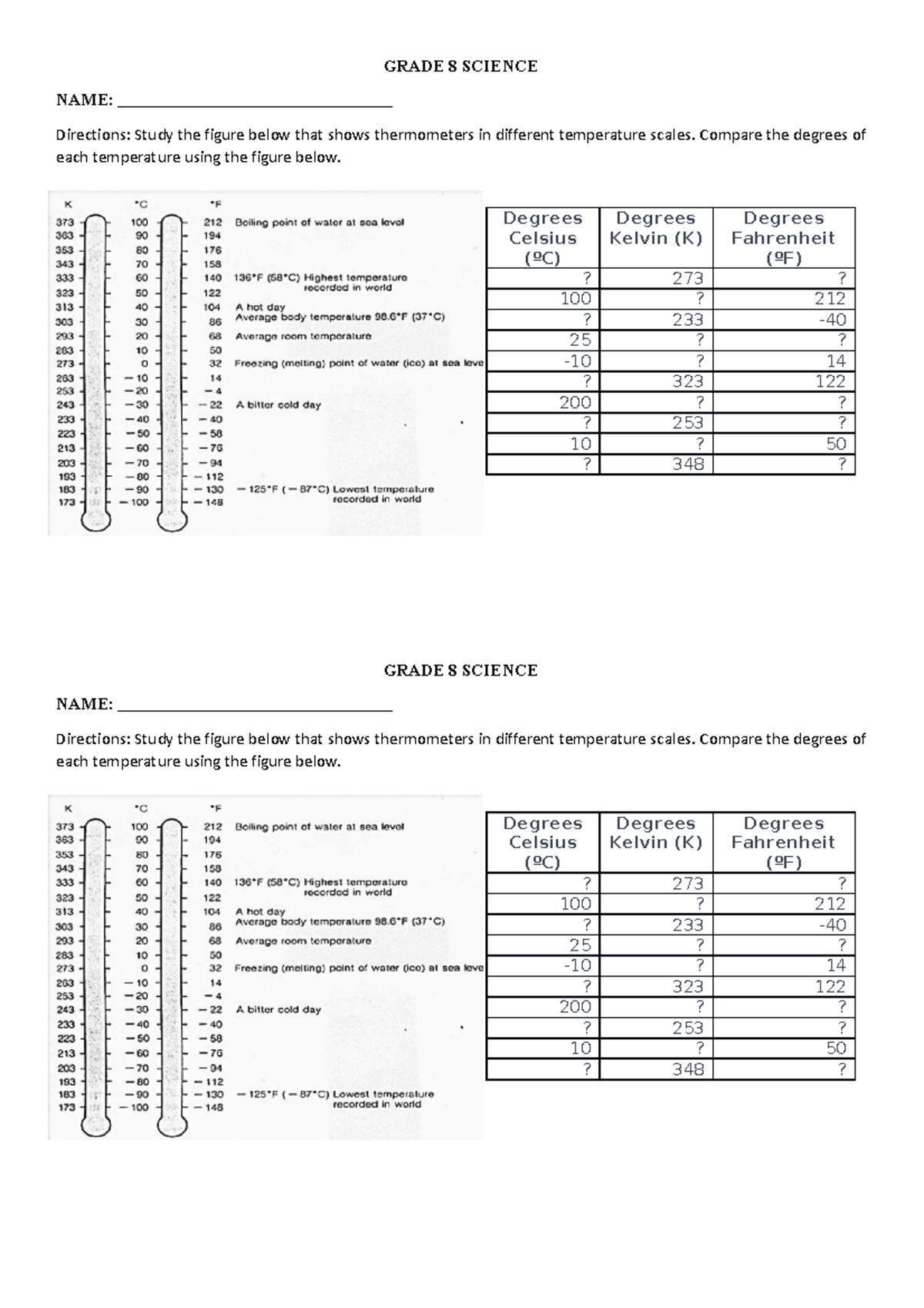 HEAT AND Temperature Activity - GRADE 8 SCIENCE NAME: Directions: Study ...
