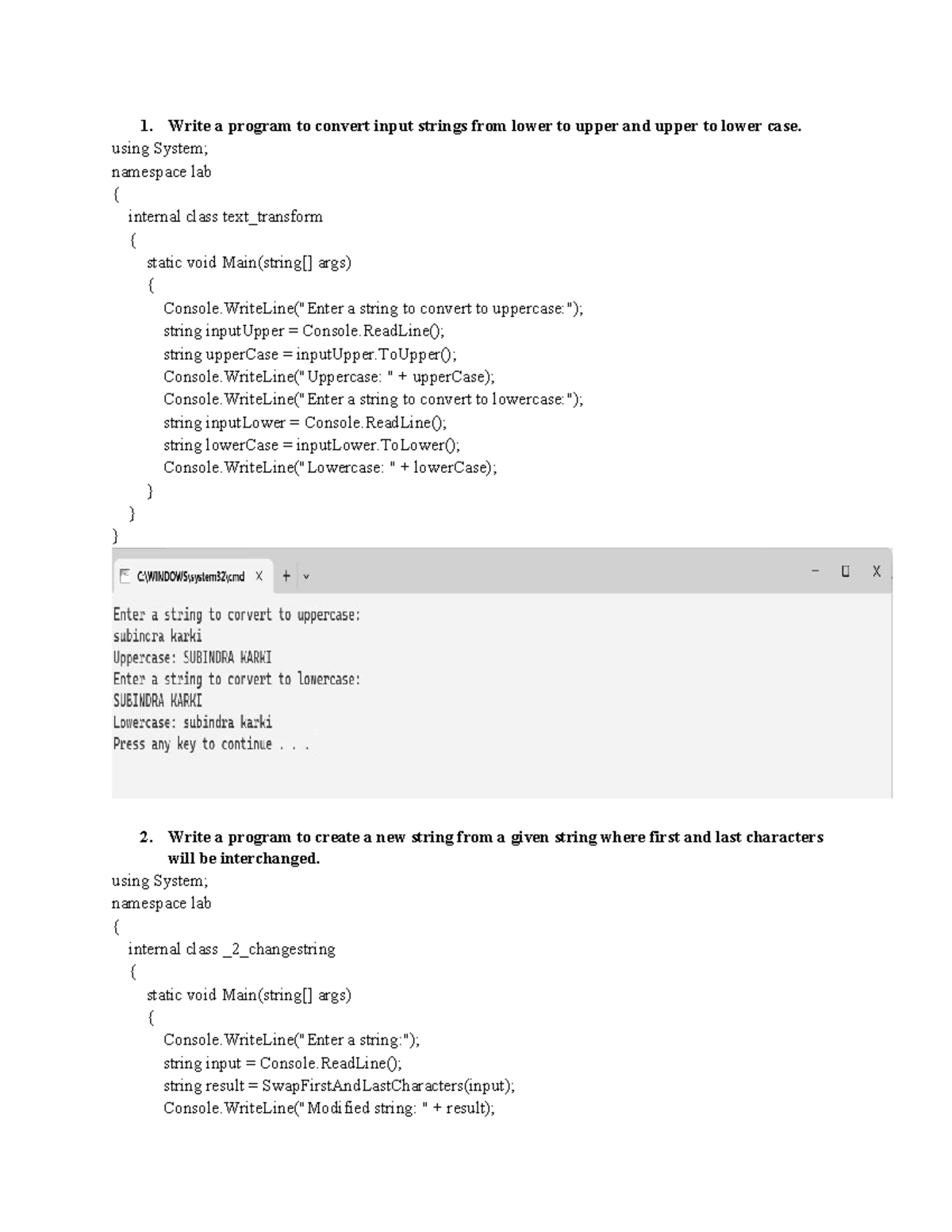 Dot Net Report - 1. Write a program to convert input strings from lower to upper and upper to ...