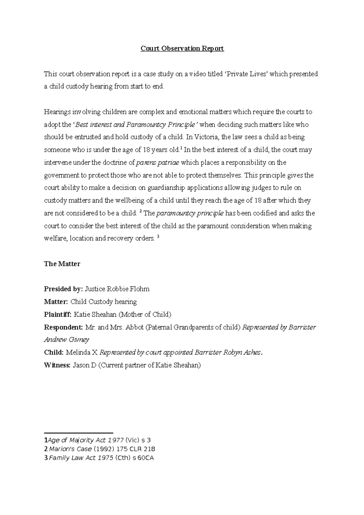 Court Report BLB3136 - Family Law - Court Observation Report This court ...