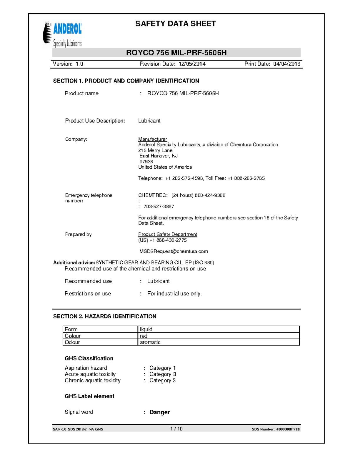 MIL-H-5606 - ROYCO 756 MIL-PRF-5606H Version: 1 Revision Date: 12/05 ...
