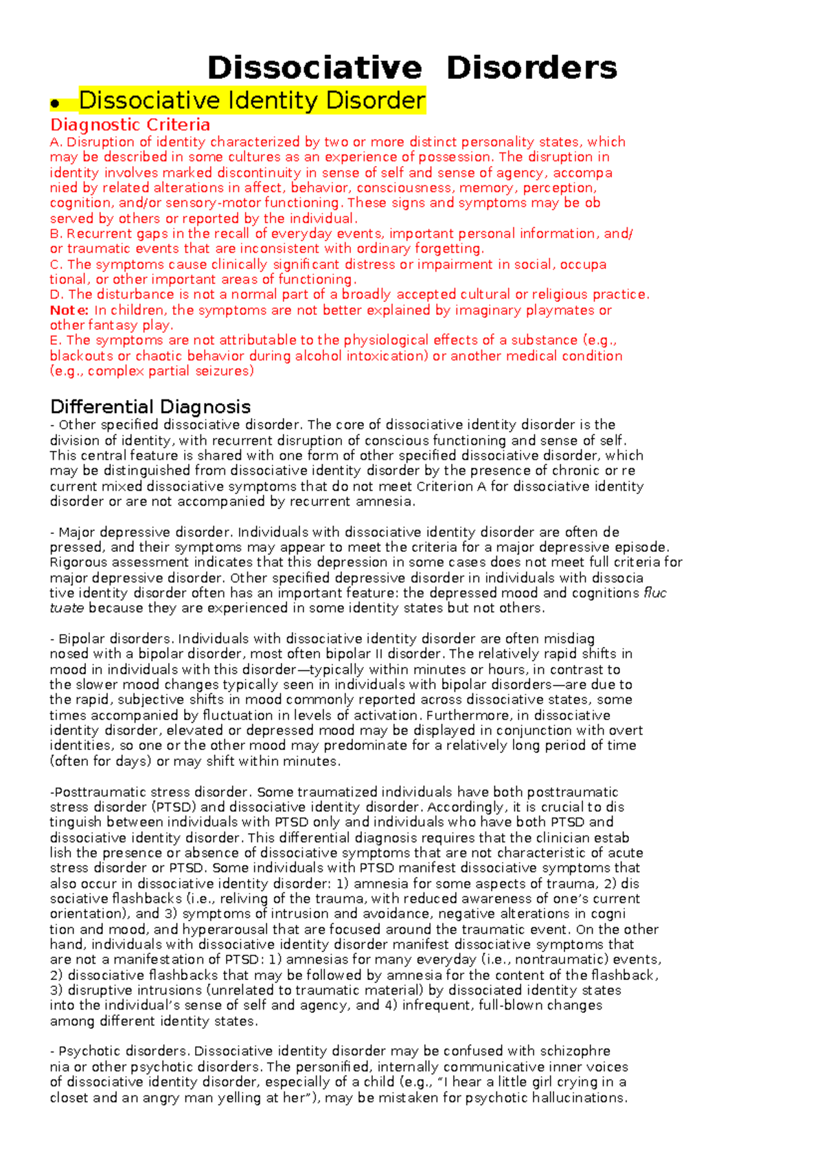 Dissociative Disorders - Disruption of identity characterized by two or ...