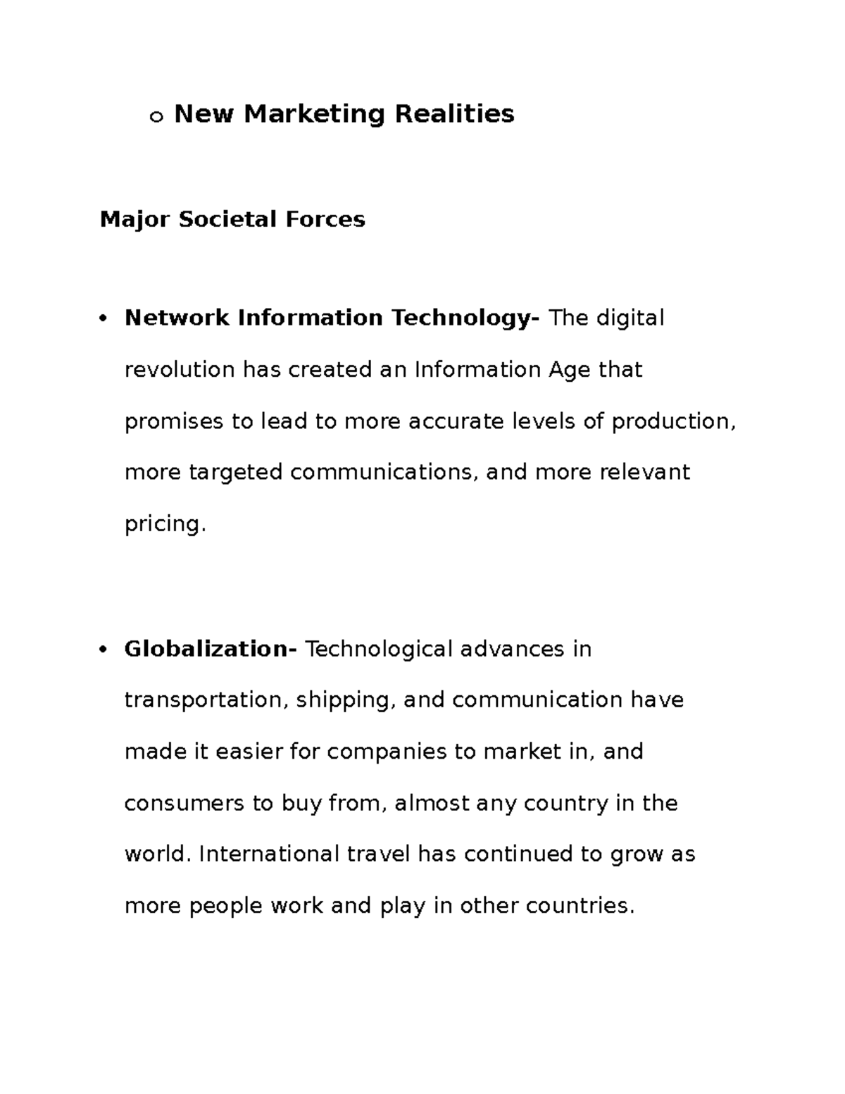 New Marketing Realities O New Marketing Realities Major Societal Forces Network Information 
