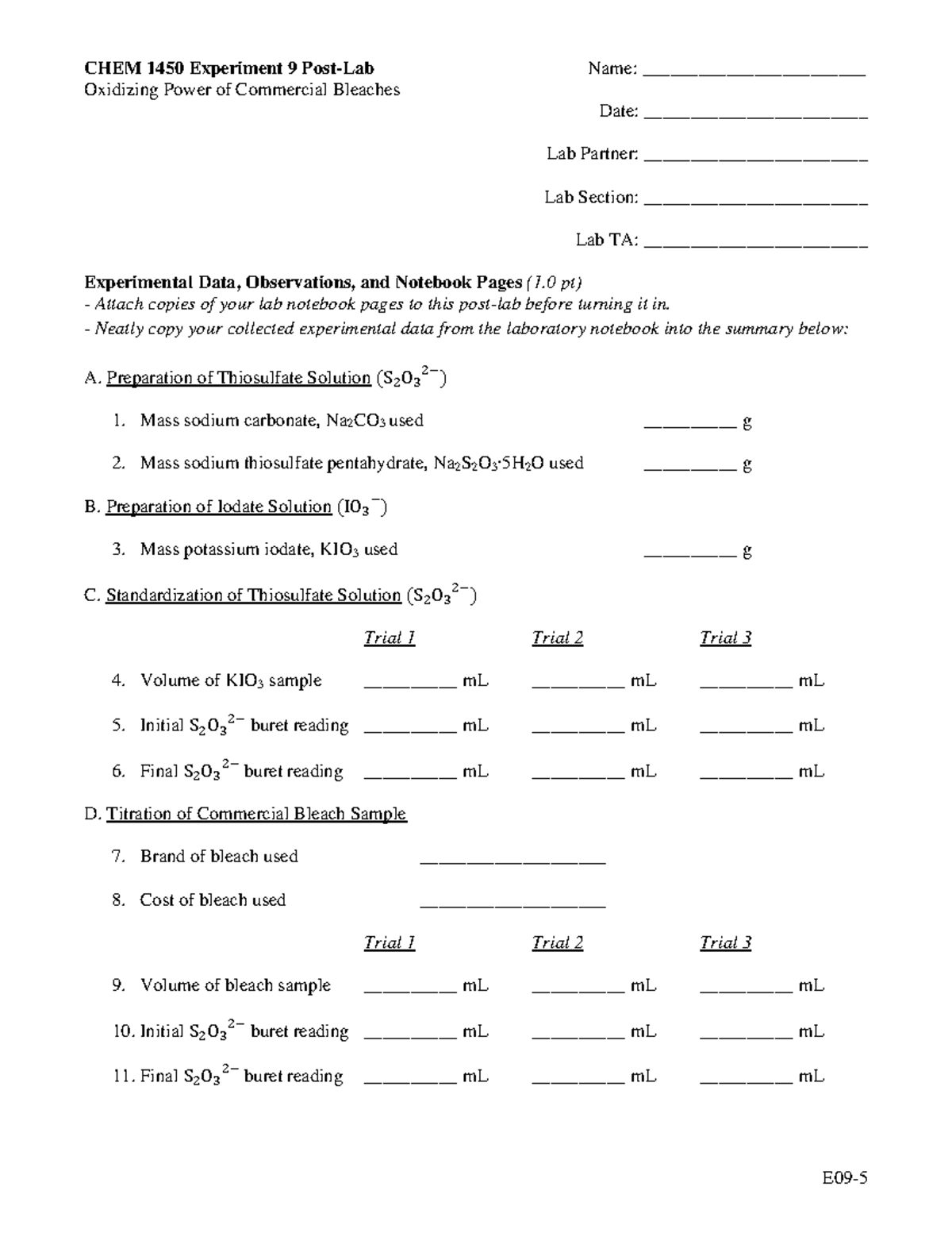 SP24 1450 E09 Bleaches 3Student Post Lab - CHEM 1450 Experiment 9 Post ...