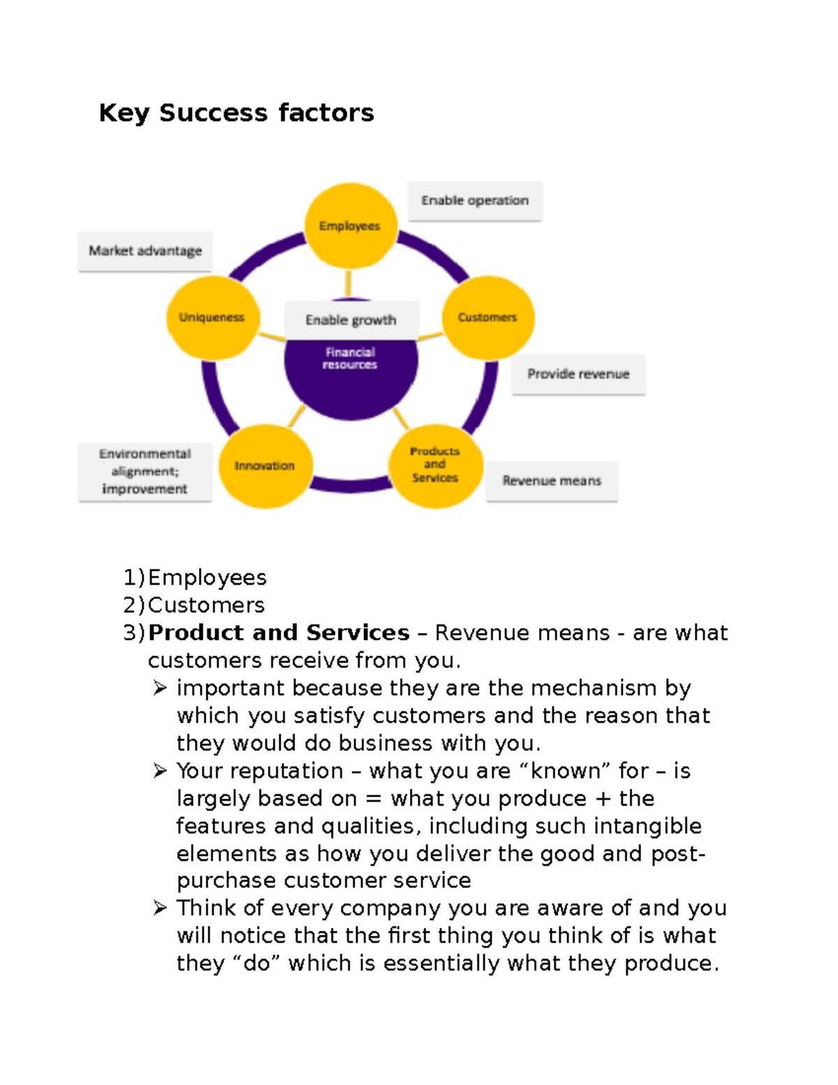 My notes - Key Success factors 1)Employees 2)Customers 3)Product and ...
