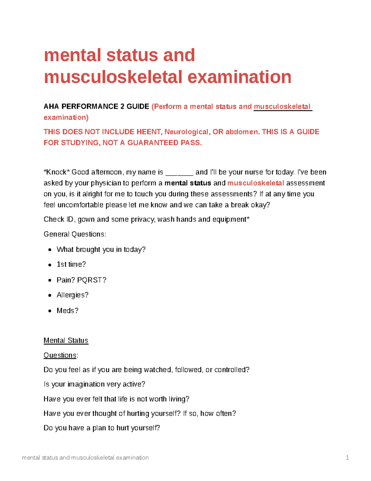 Mental status and musculoskeletal examination - mental status and ...