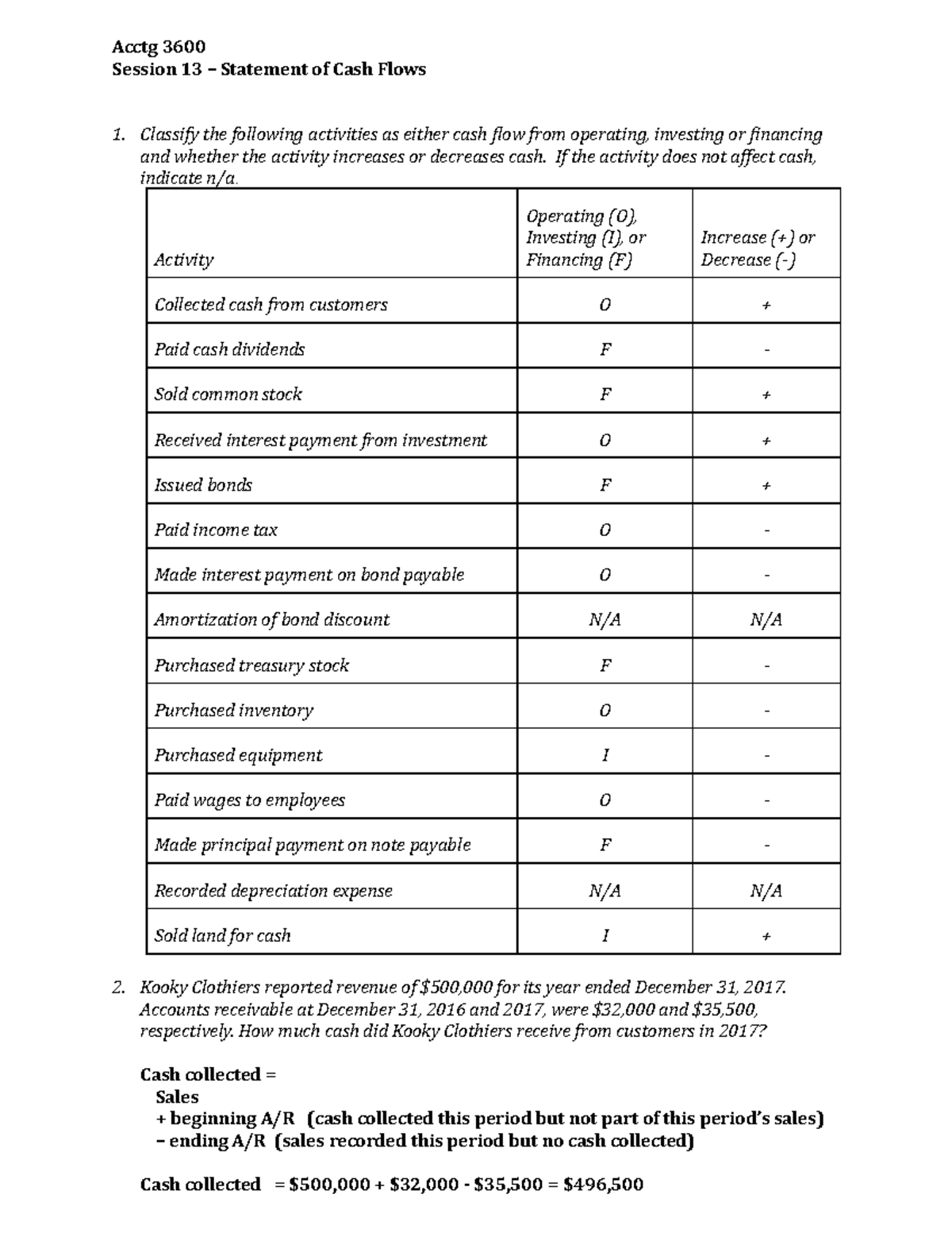 Session 13 - Inclass Problems - Statement of Cash Flows - Solution ...