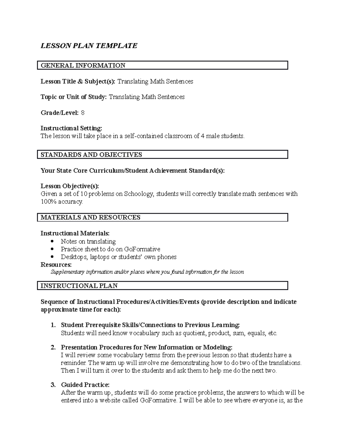 A2 lesson plan 2018 10 09 - LESSON PLAN TEMPLATE GENERAL INFORMATION ...