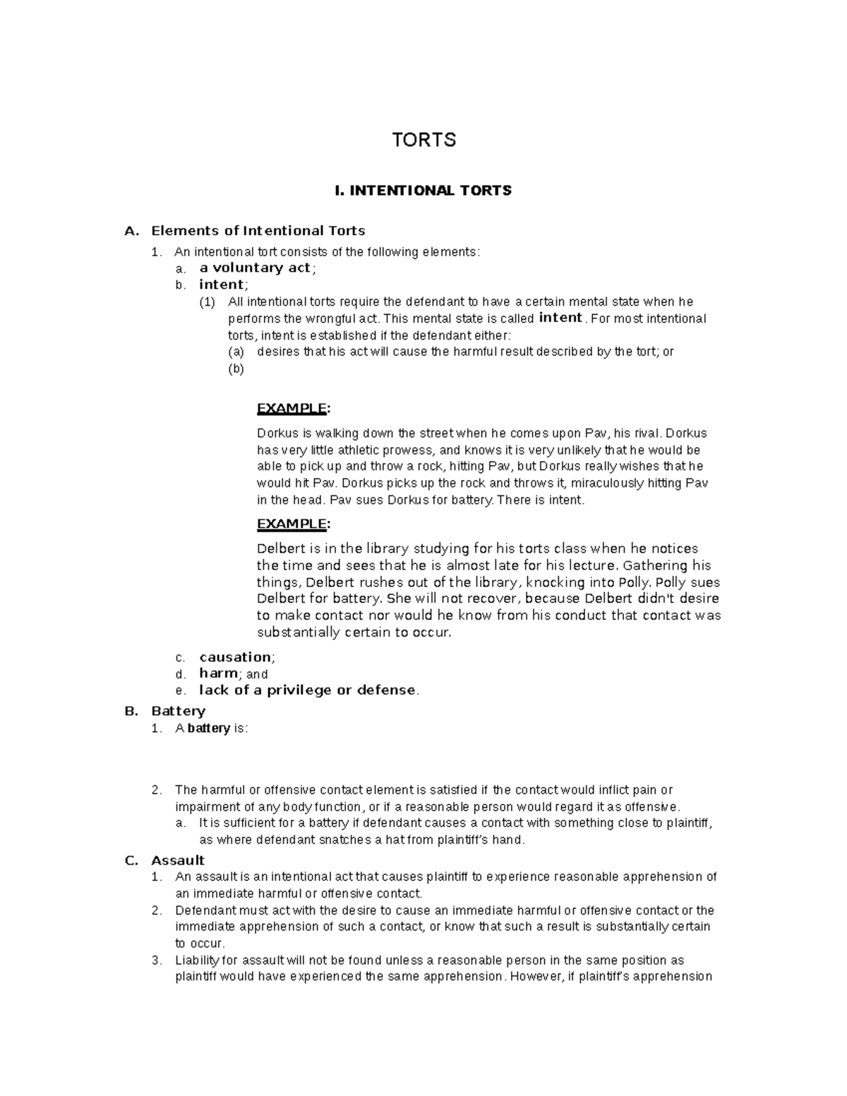 1LE BN Intentional Torts Outline - TORTS I. INTENTIONAL TORTS A ...