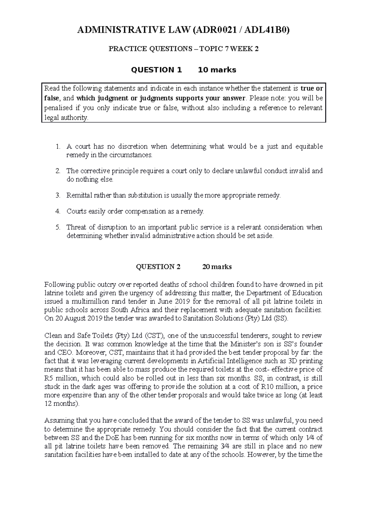 Topic 7 Week 2 - Practice Questions - ADMINISTRATIVE LAW (ADR0021 ...