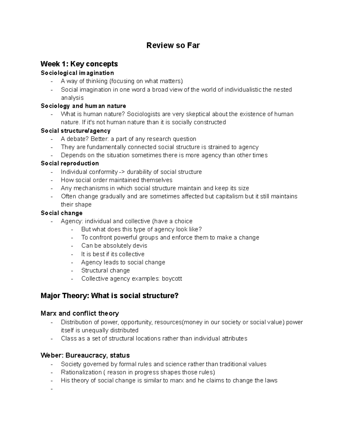 Sociology Lecture 7 - Fall quarter - Review so Far Week 1: Key concepts ...
