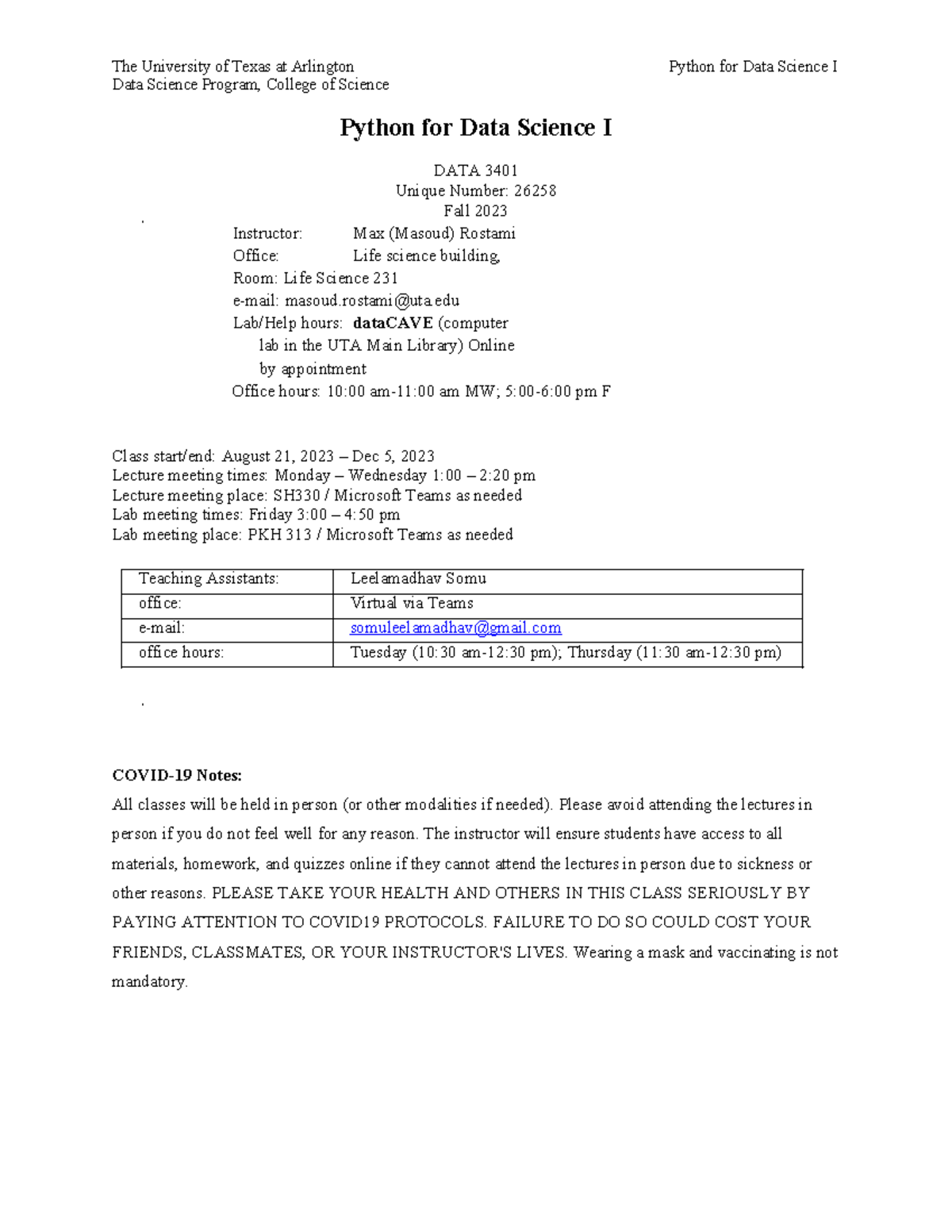 2023 Fall 2238 Data 3401 001 Data Science Program College Of Science Python For Data Science